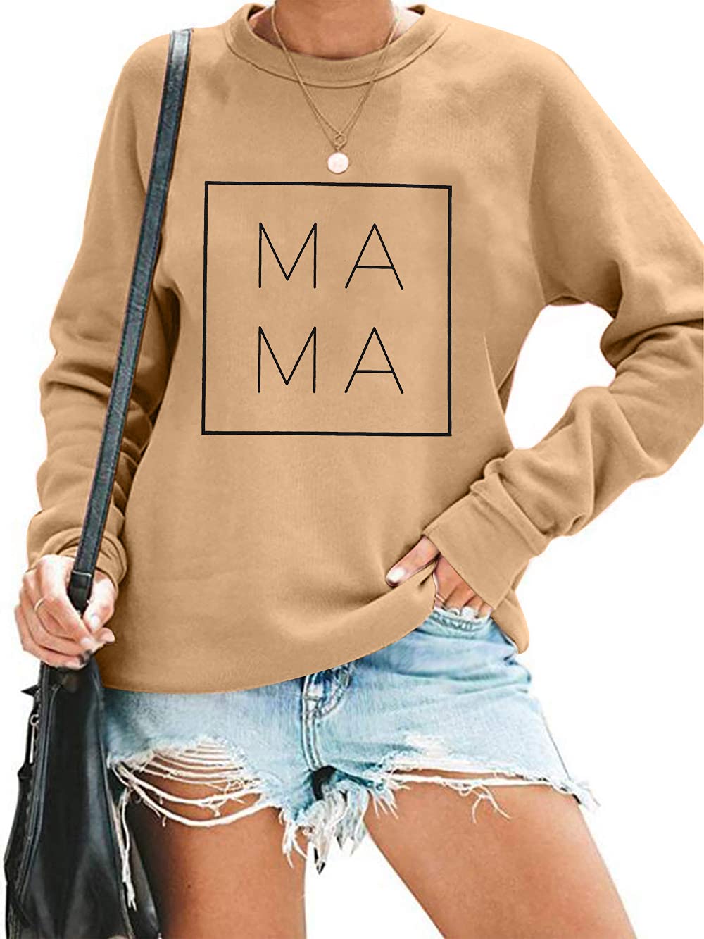 EGELEXY Mama Sweatshirt Women Funny Letter Print Mom Life Blouse Tops Casual Long Sleeve Pullover Tees White