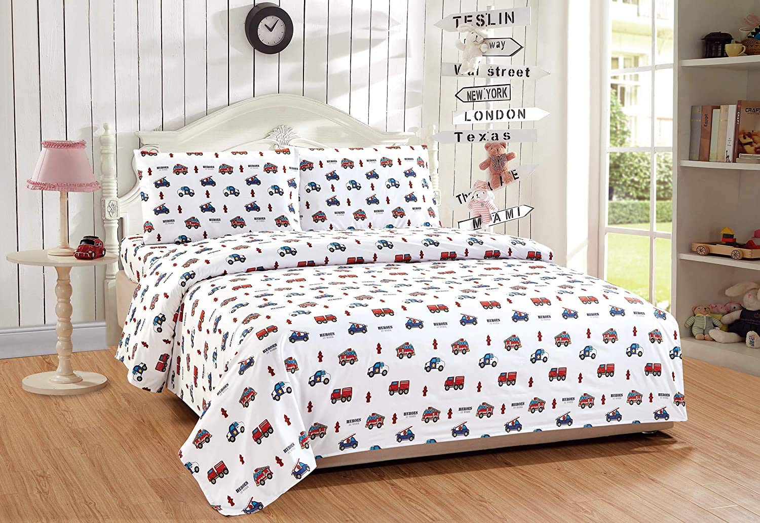 Mk Home 4 PC Full Size Sheet Set for Boys Heroes on Call Firetruck Police Car Ambulance Red Blue White New (Full)