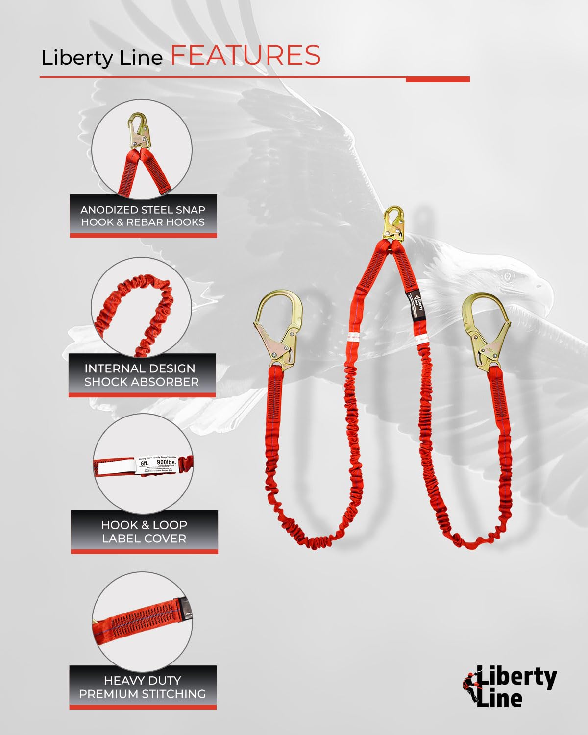 Liberty Line Eagle Twin Leg 100% tie-Off Internal Design Shock Absorbing Lanyard with snap Hook and rebar Hooks (ANSI)