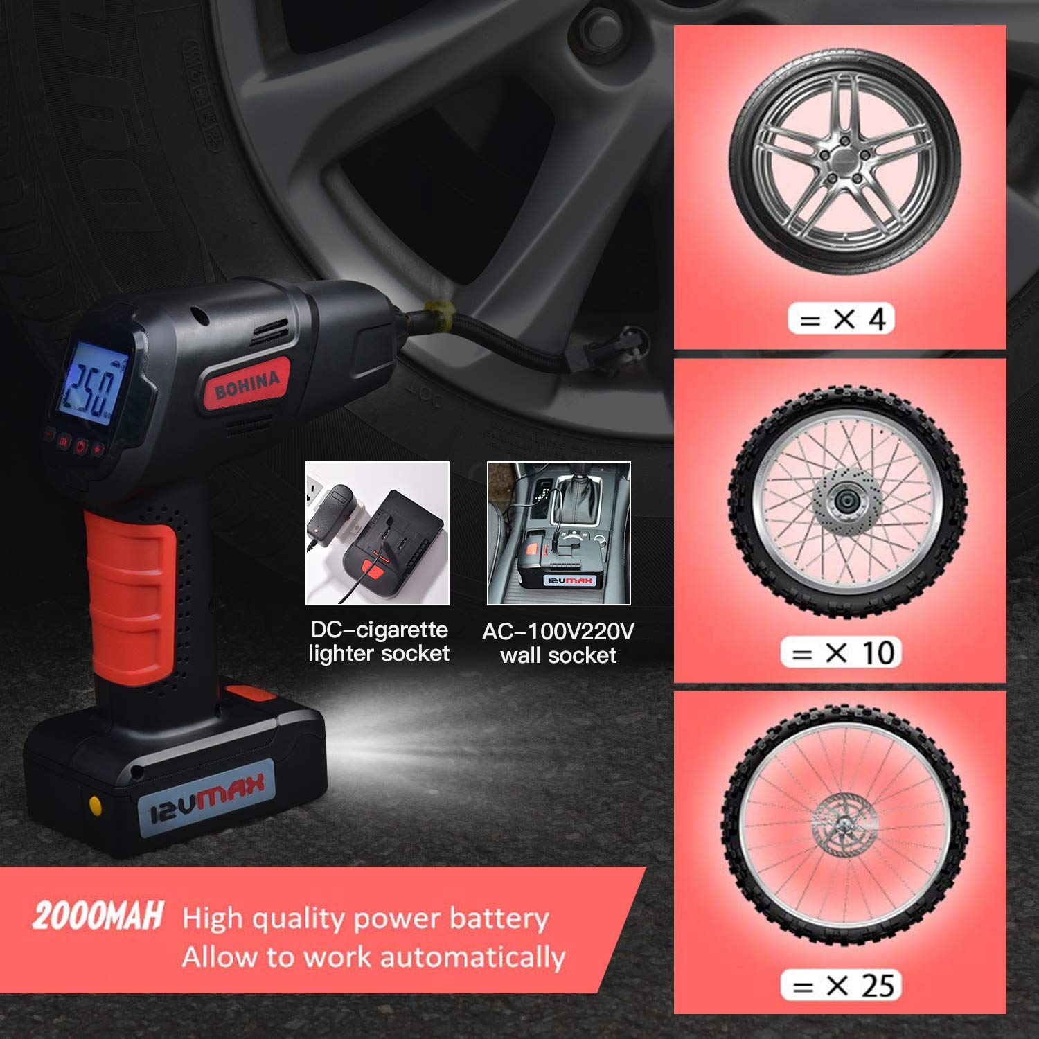 Cordless Air Compressor Portable Tire Inflator Pump with Digital LED lights and 2000mah Rechargeable Li-ion,suitable for Car,Bicycle,Air Mattress,Inflatable Airbed