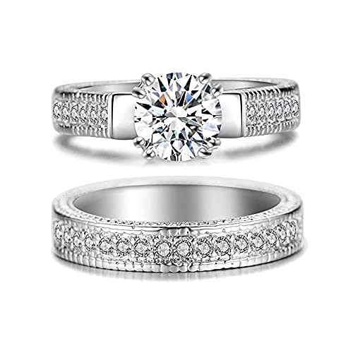 RYGHEWE Women Engagement Ring,2 Pcs Full Diamond Silver Color Adjustable Ring Fashion Carving Diamond Bridal Ring for Girlfriends Wife,Gift for Birthday,Valentine's Day,Anniversary (Silver, 7)