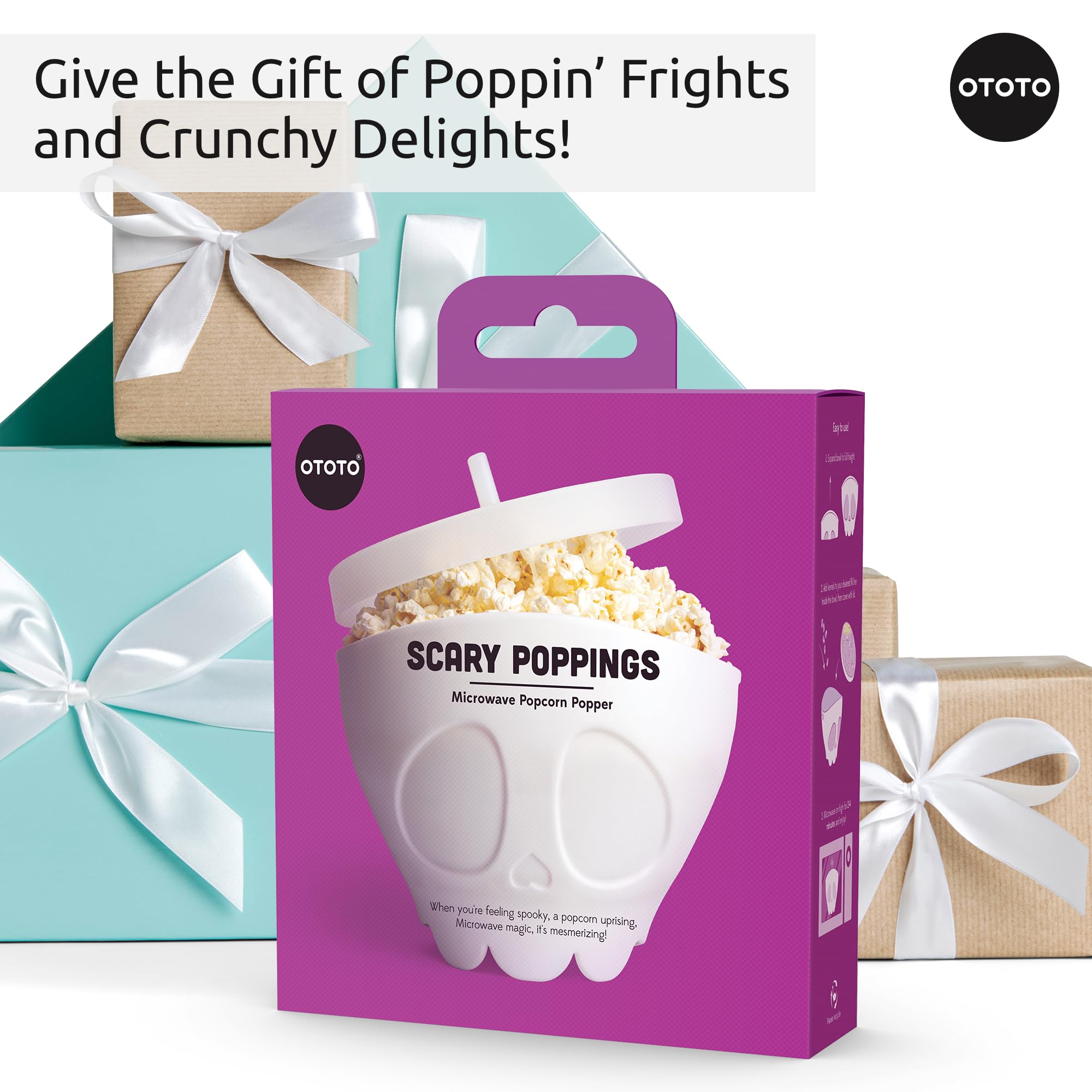 NEW!!! OTOTO Scary Poppings Microwave Popcorn Popper - Gothic Popcorn Microwave Popper, Silicone Microwave Popcorn Popper, Collapsible Bowl Popcorn Bowls, Halloween Goth Accessories Goth Gifts (White)