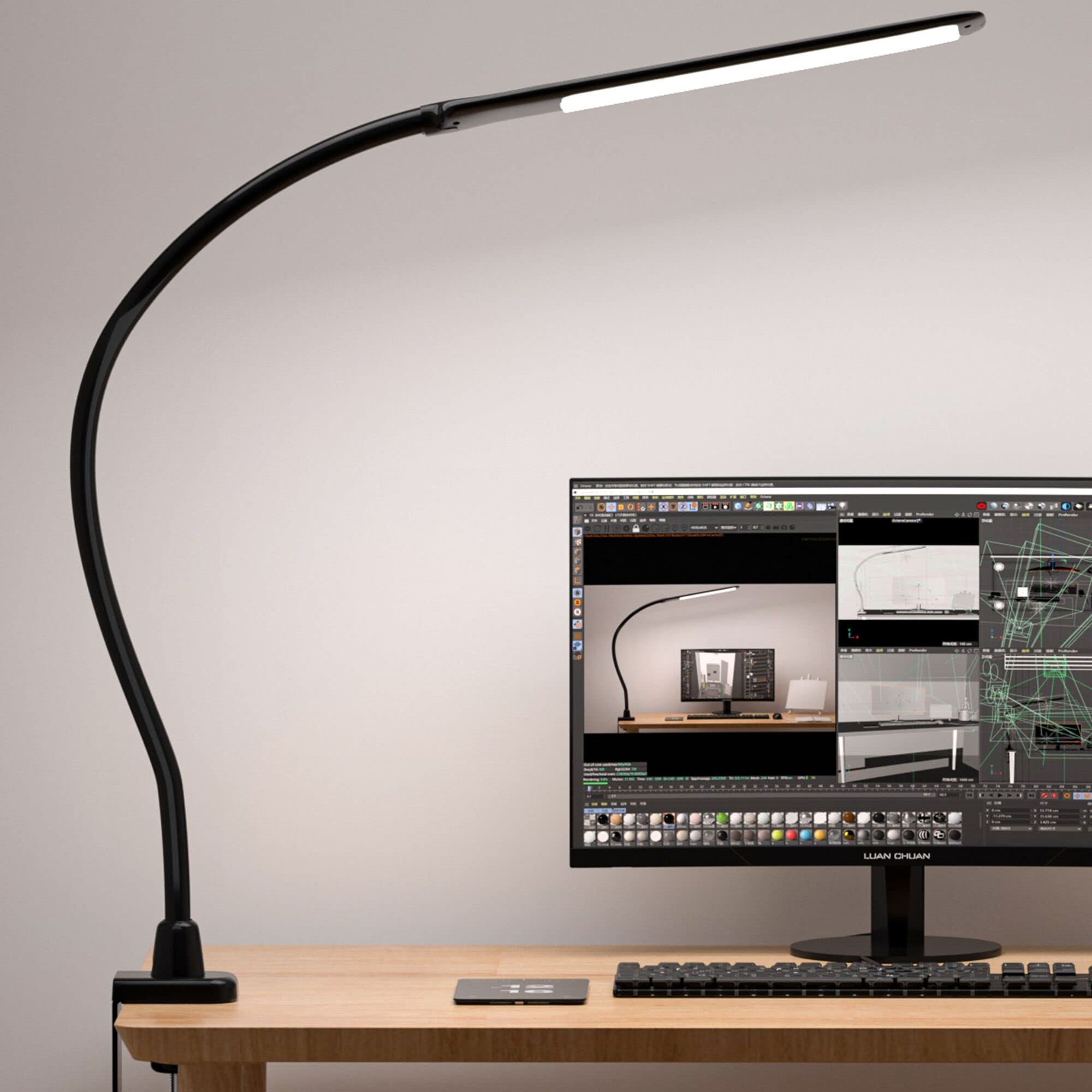 Desk Lamps for Home Office, 10W Clamp Lamp Dimmable Gooseneck Lamp Touch Control, Adjustable Desk Light for Workbench Tabletop (Black)
