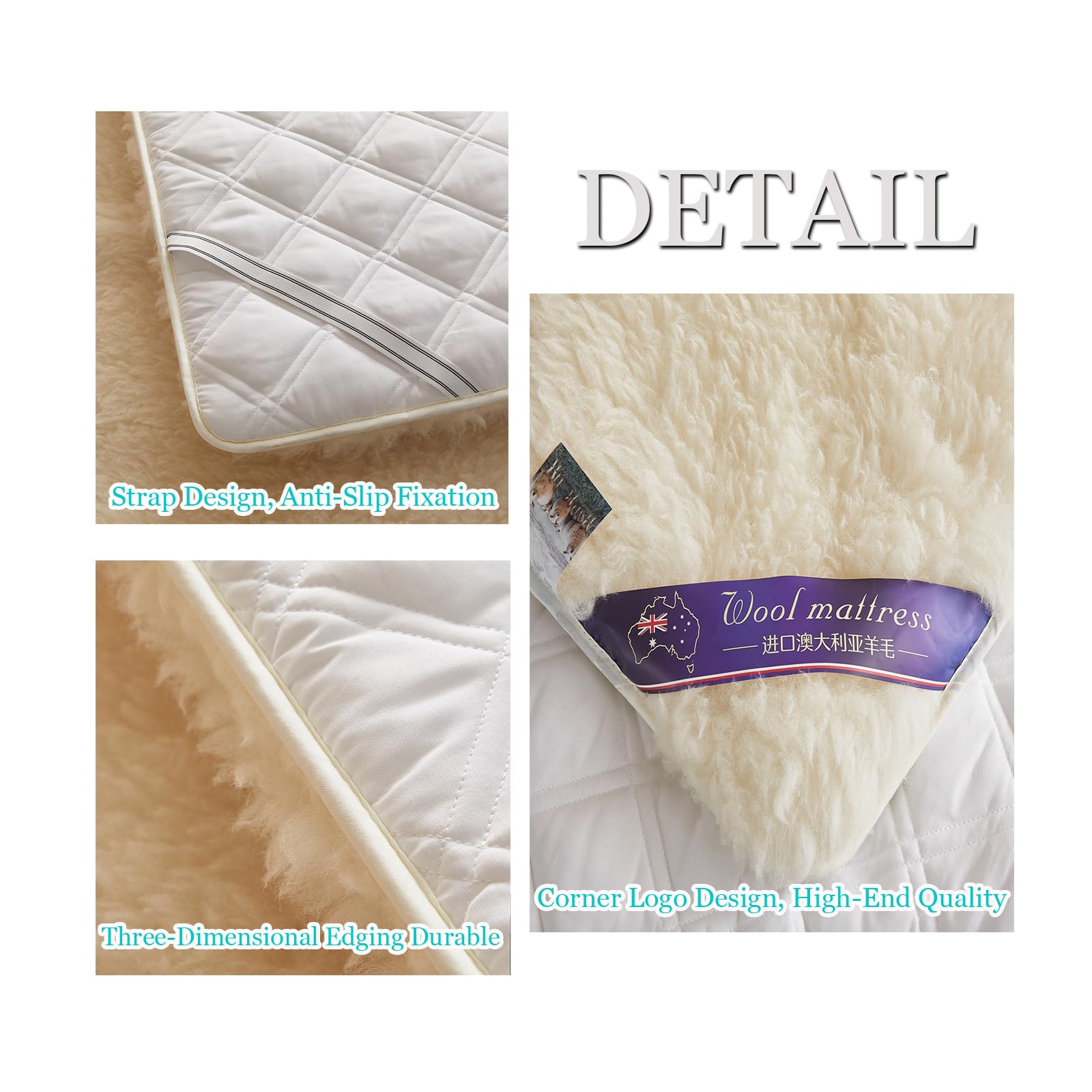 Mattress Topper Sheet Protector Underblanket with Straps - Extra Thick Mattress Pad Cover Woolmark Under Blanket(White,79 * 87")