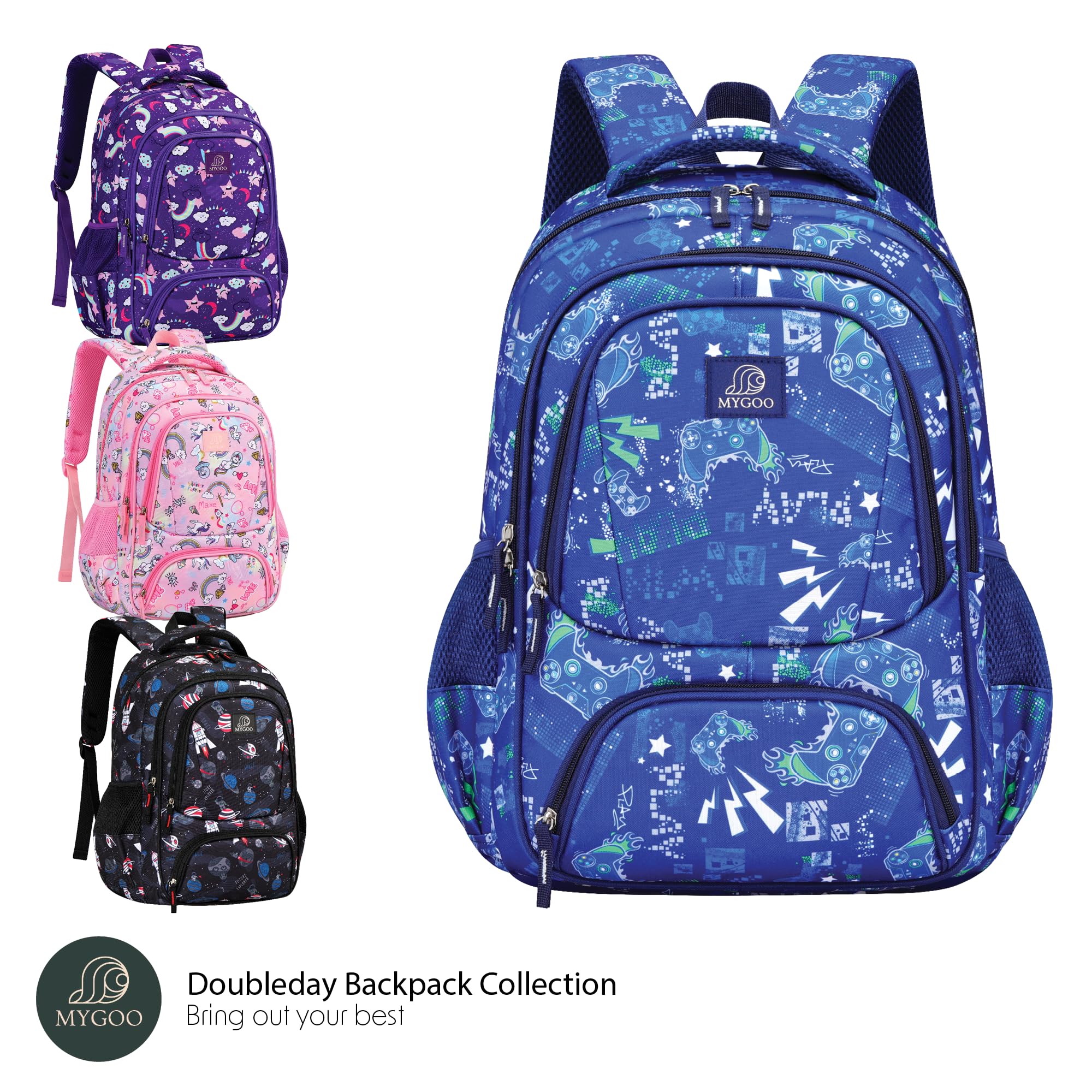 MYGOO Kids Backpack for Boys | Primary School Backpack for Teen | Doubleday Collection | 17" tall | Gamer Blue