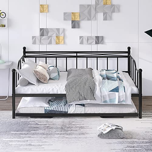 ODC Full Size Daybed with Adjustable Twin Pop Up Trundle, Heavy-Duty Steel Metal Extendable Bed for Bedroom Living Room,Black