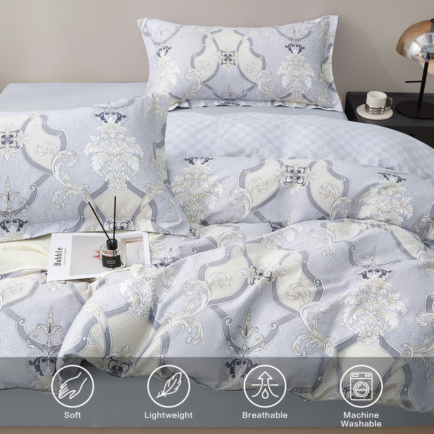 SAPHREAS Home Grey Bohemian Duvet Cover Set Queen Size 100% Cotton 3pcs Exotic Style Retro Comforter Cover Soft&Breathable 1 Duvet Cover 2 Pillowshams