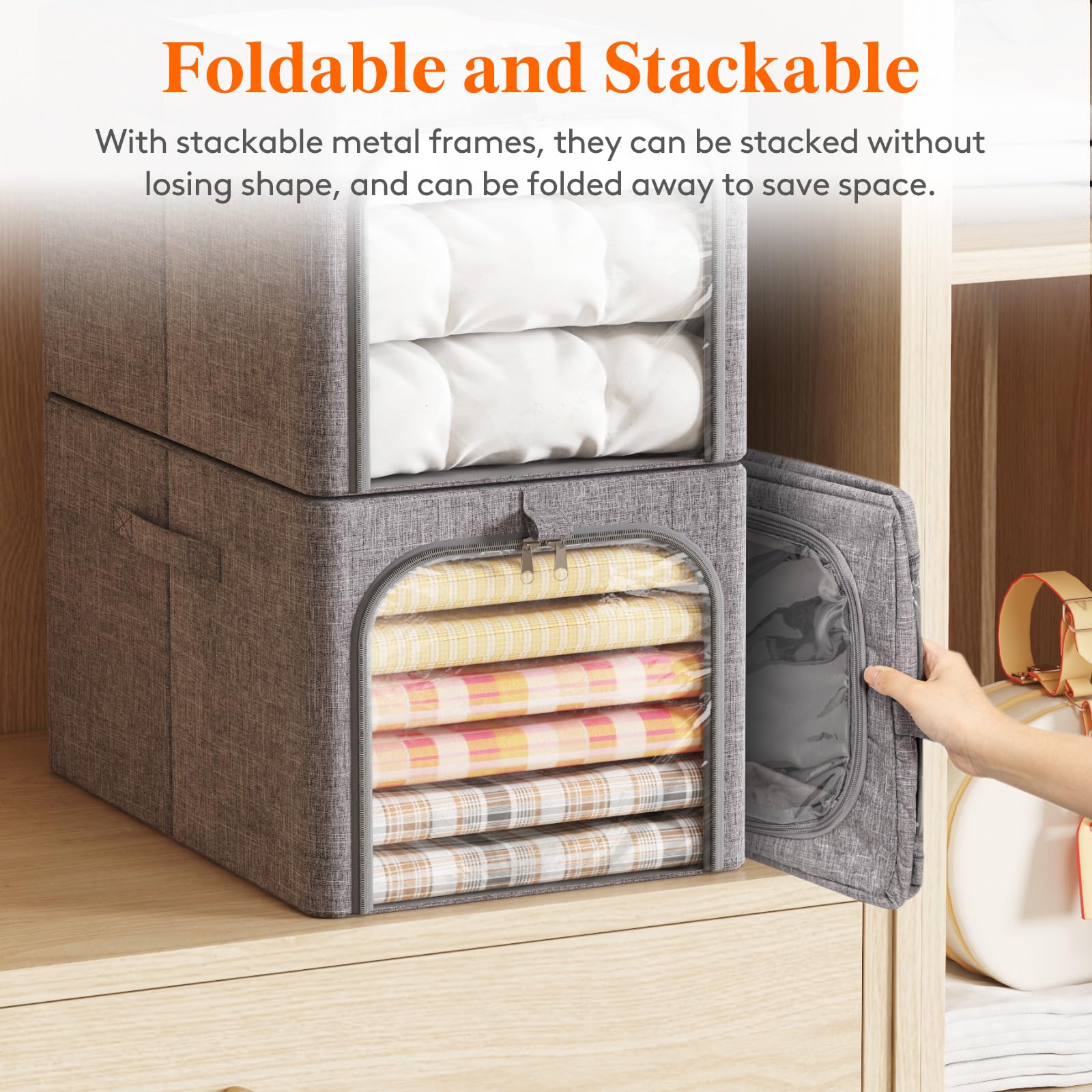 Lifewit 6 Pack Clothes Storage Bins with Metal Frame, Foldable Clothing Storage Bins with Lids, 40L Stackable Storage Box Storage Bags Fabric Bins Organizer with Clear Window& Zippers& Sturdy Handles