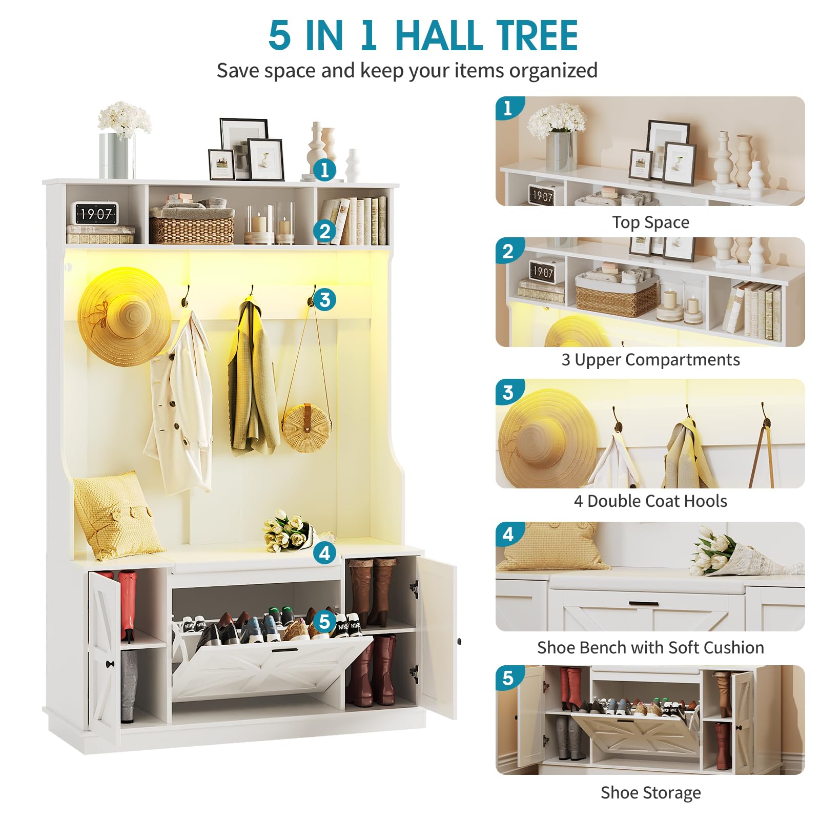 Maupvit Hall Tree with Bench and Shoe Storage, 5-in-1 Entryway Bench with Coat Rack, 6 Shoe Cubbies, 4 Coat Hooks, LED Lights and Adjustable Shelf, Shoe Bench with Soft Cushion for Hallways, White