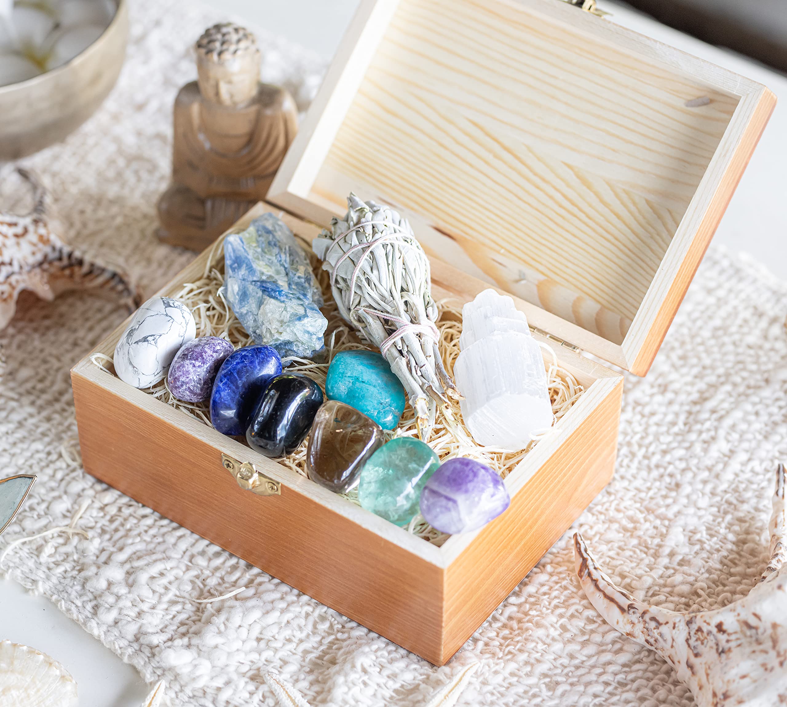 CRYSTALYA Calming Large Sleep Crystals and Healing Stones in Wooden Gift Box + 50pg EBOOK, Stress and Anxiety Relief - Amethyst, Lepidolite, Fluorite, Smoky Quartz, Selenite, Sage, and Info Guide