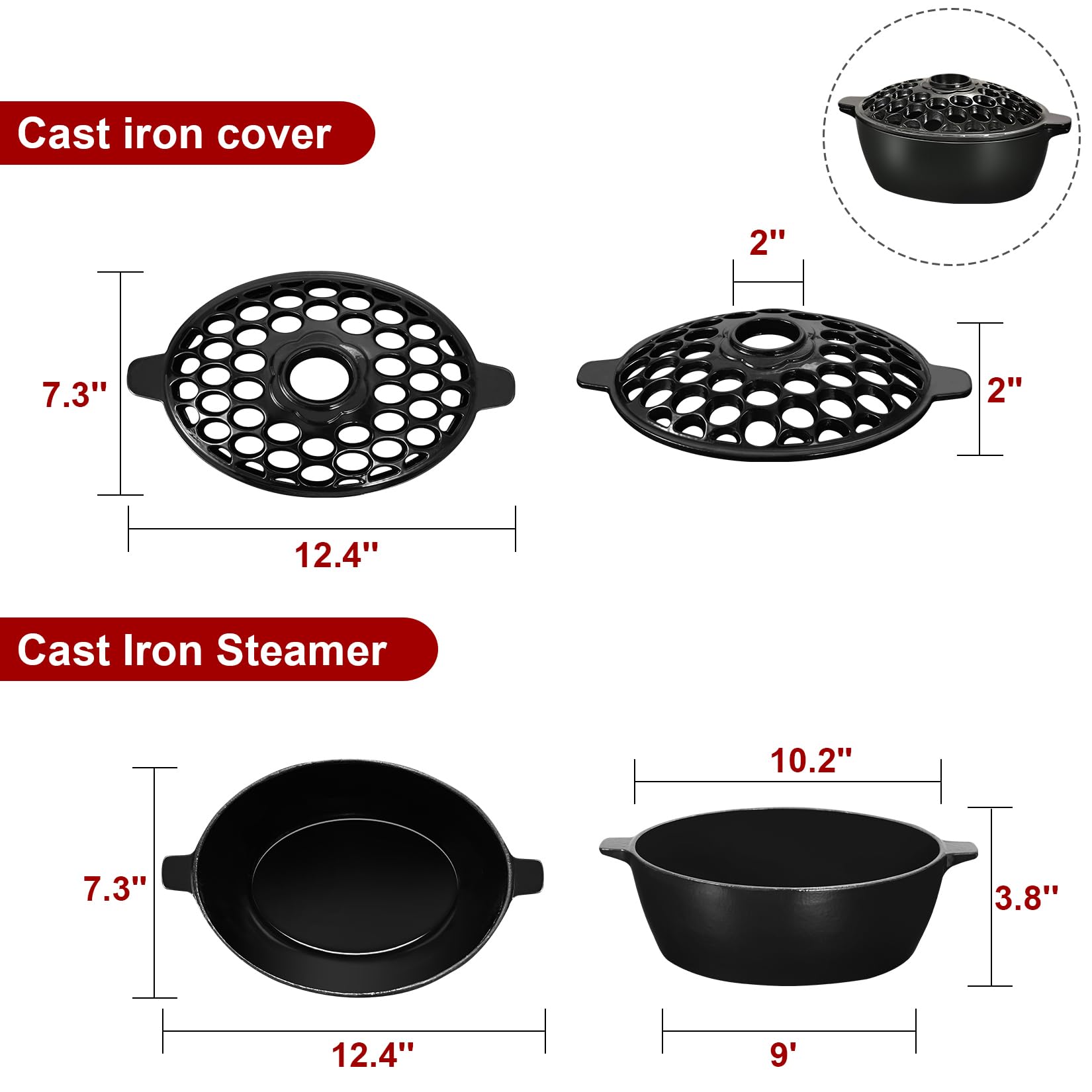 KIAADSY Wood Stove Steamer Rust-Proof, Fireplace Humidifier Pot, Round Hole Lid Cast Iron Steamer for Home Interior Humidification/Decoration, 2.3 Quart Capacity Enamel Black.