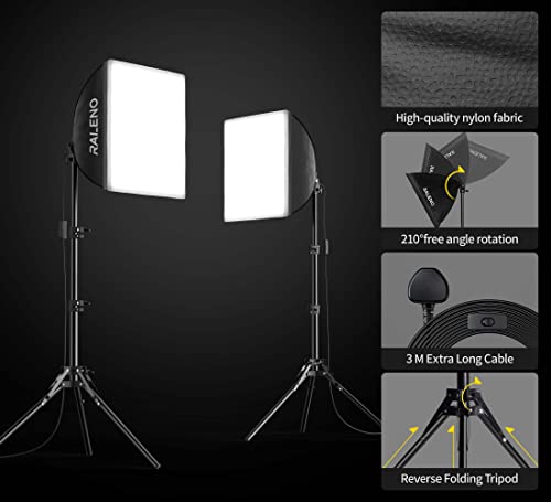 RALENO® Softbox Lighting Kit, 2 x 16'' x 16'' Photography Studio Equipments with 50W / 5500K / 90 CRI LED Bulbs, Continuous Lighting System for Video Recording and Photography Shooting