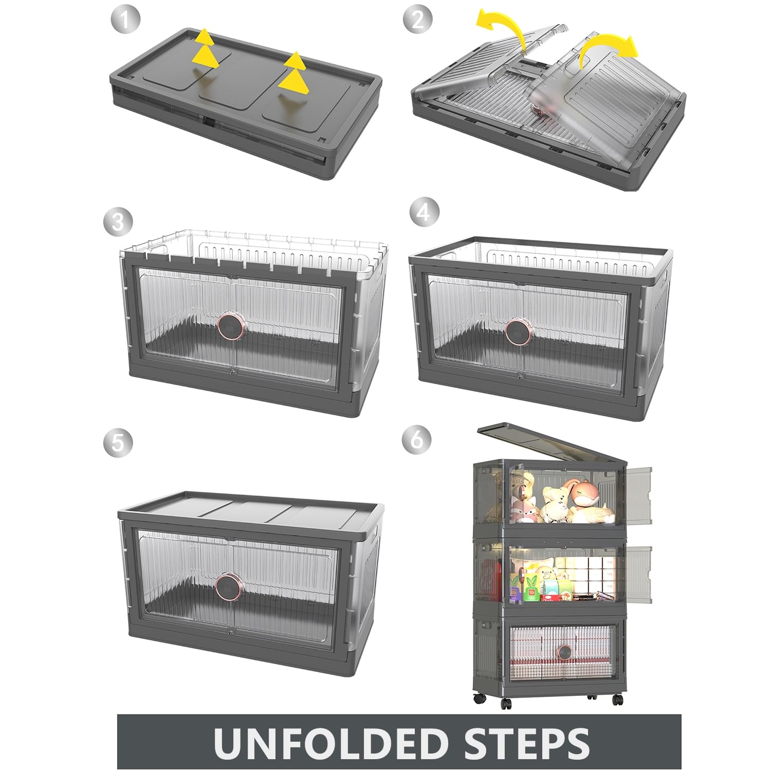 richang LED Light 19.5Gal Big Lidded Collapsible Storage Bins, Plastic Folding Storage Cabinet Stackable Utility Crates foldable storage container Totes with Door and Universal Wheels
