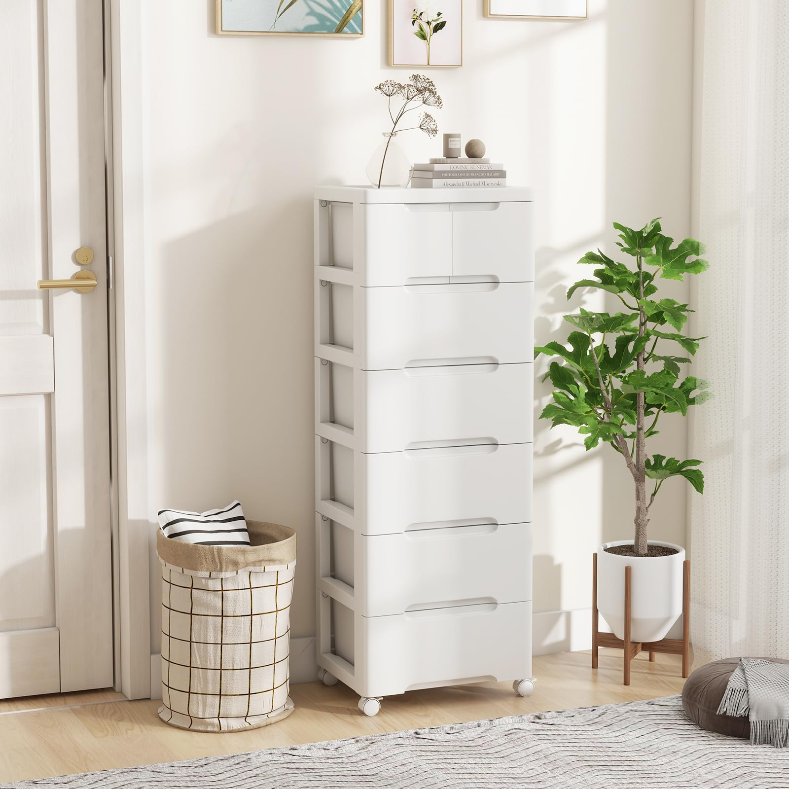 LOKO 7-Drawer Plastic Rolling Storage Cart, Mobile Storage Cabinet with 4 Universal Wheels, Vertical Storage Tower Container Unit for Living Room, Bedroom, Home Office, White (16βx13"x45β (7 Drawers))