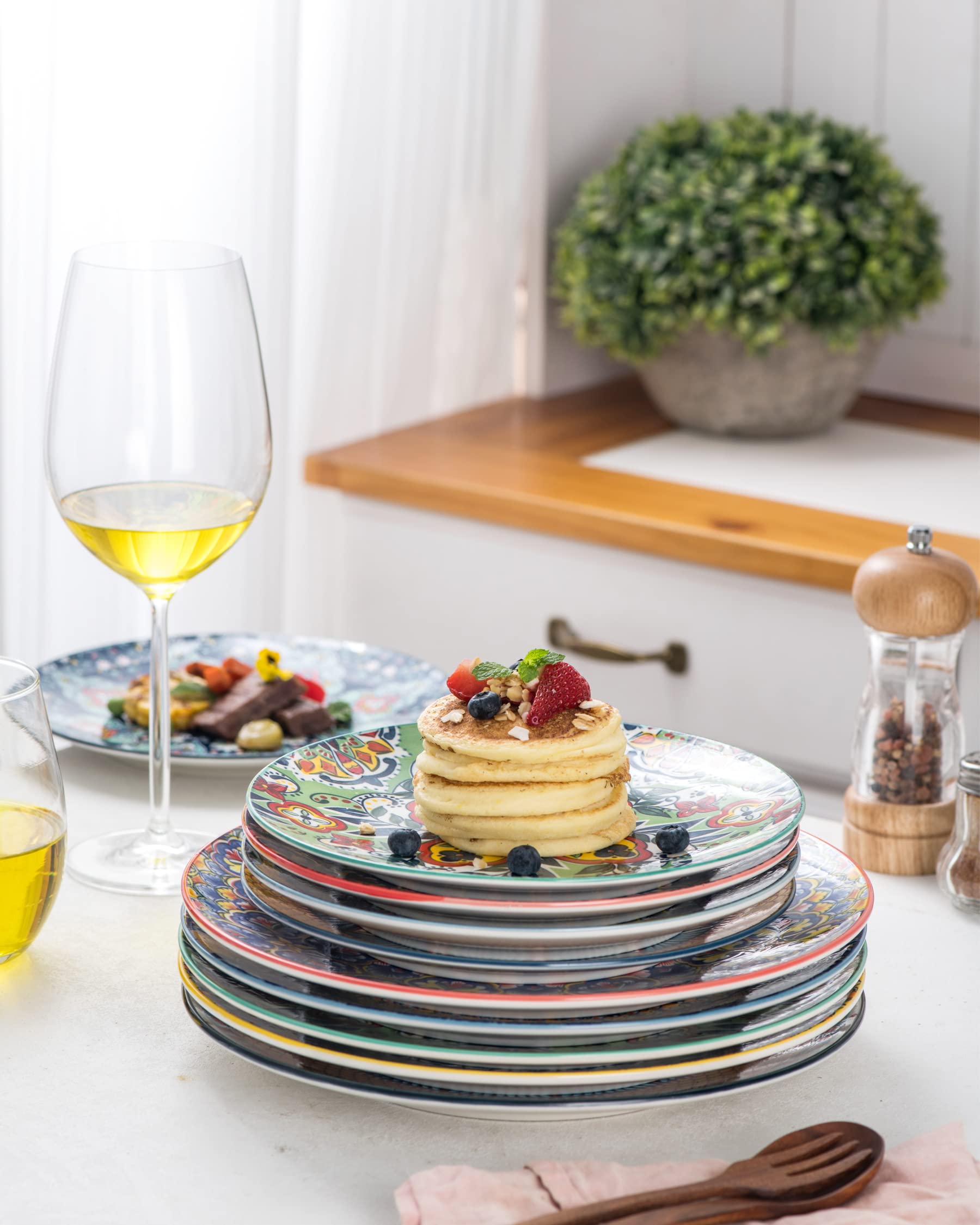 Dessert, Salad Plate Set 8.7 Inch, Colorful Ceramic Plates for Pasta, Appetizer, Snacks - Serving Dishes for Thanksgiving & Christmas, Dishwasher & Microwave Safe, Set of 6 - Bohemian Style