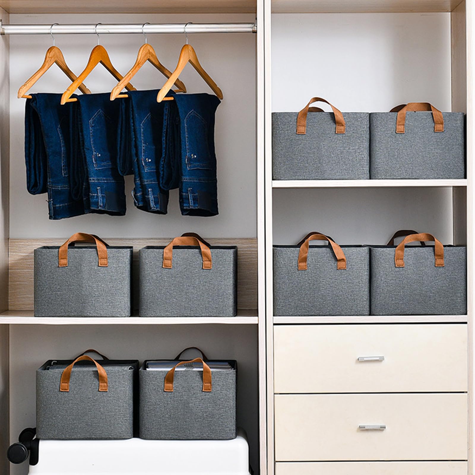 RICHERI Pack of 3 Clothing Storage Bins for Closet with Handles, Foldabl Fabric Foldable Storage Baskets Cloth Box, Fabric Containers Boxes for Organizing Shelves Bedroom, Gray, Large (gray)