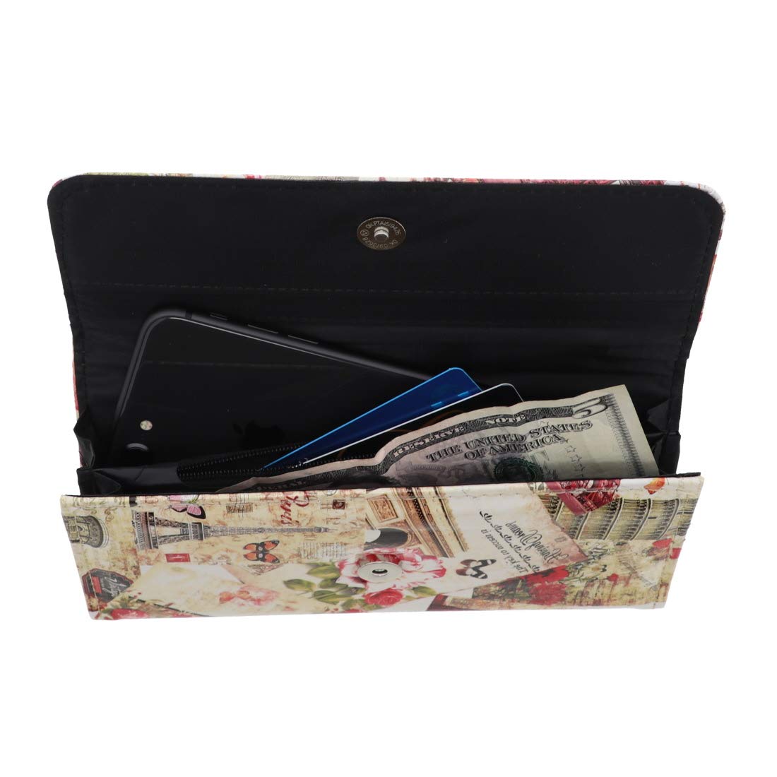 Vegan Leather Women's 9 inch Wide Wallet with Vintage Postcard Print-Orange