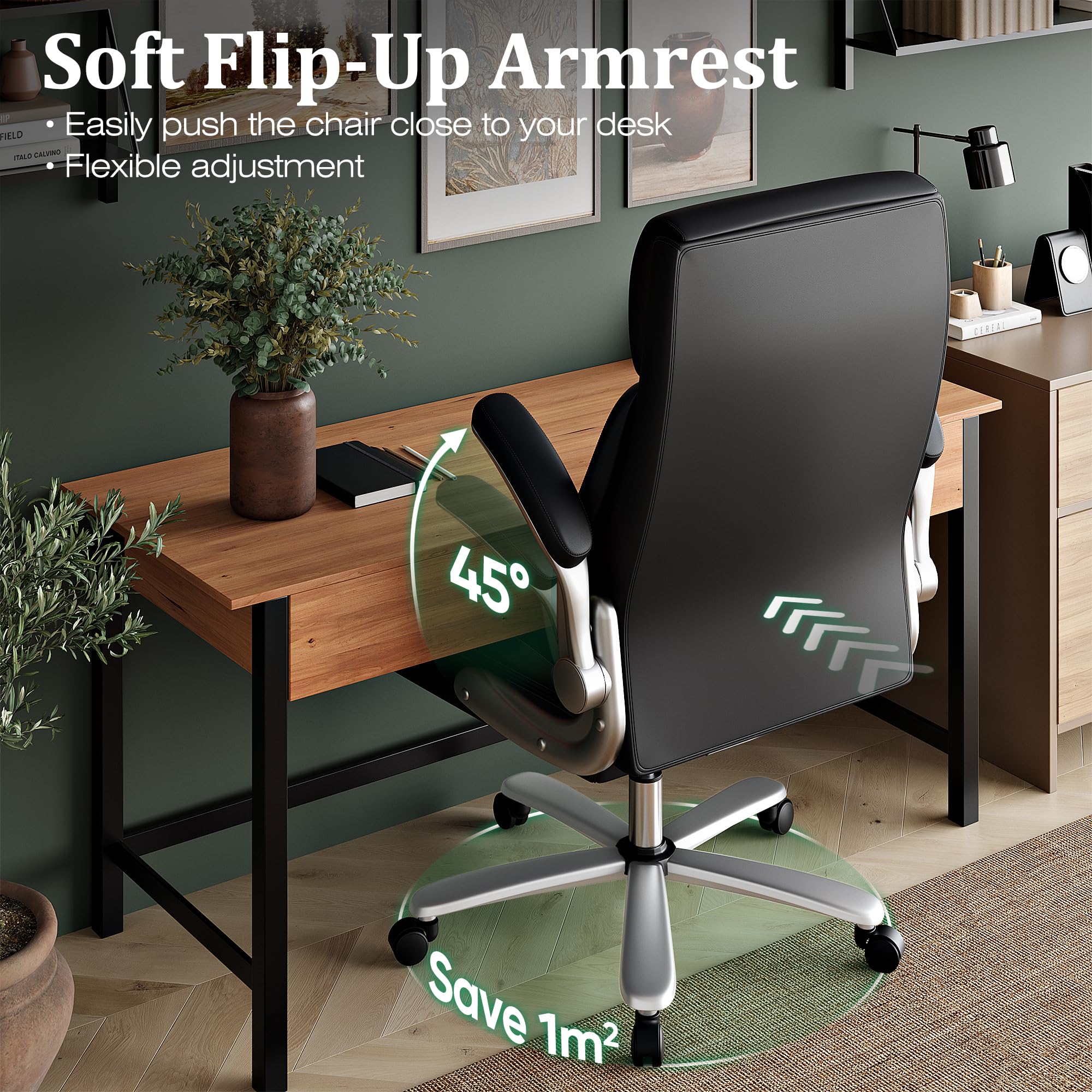 NexHut Office Chair, Ergonomic Desk Chair, 500lbs Heavy Duty Executive Leather Chair with Adjustable Lumbar Support, Flip-up Arms, Wide Thick Seat, High Back Comfy Computer Chair for Back Pain
