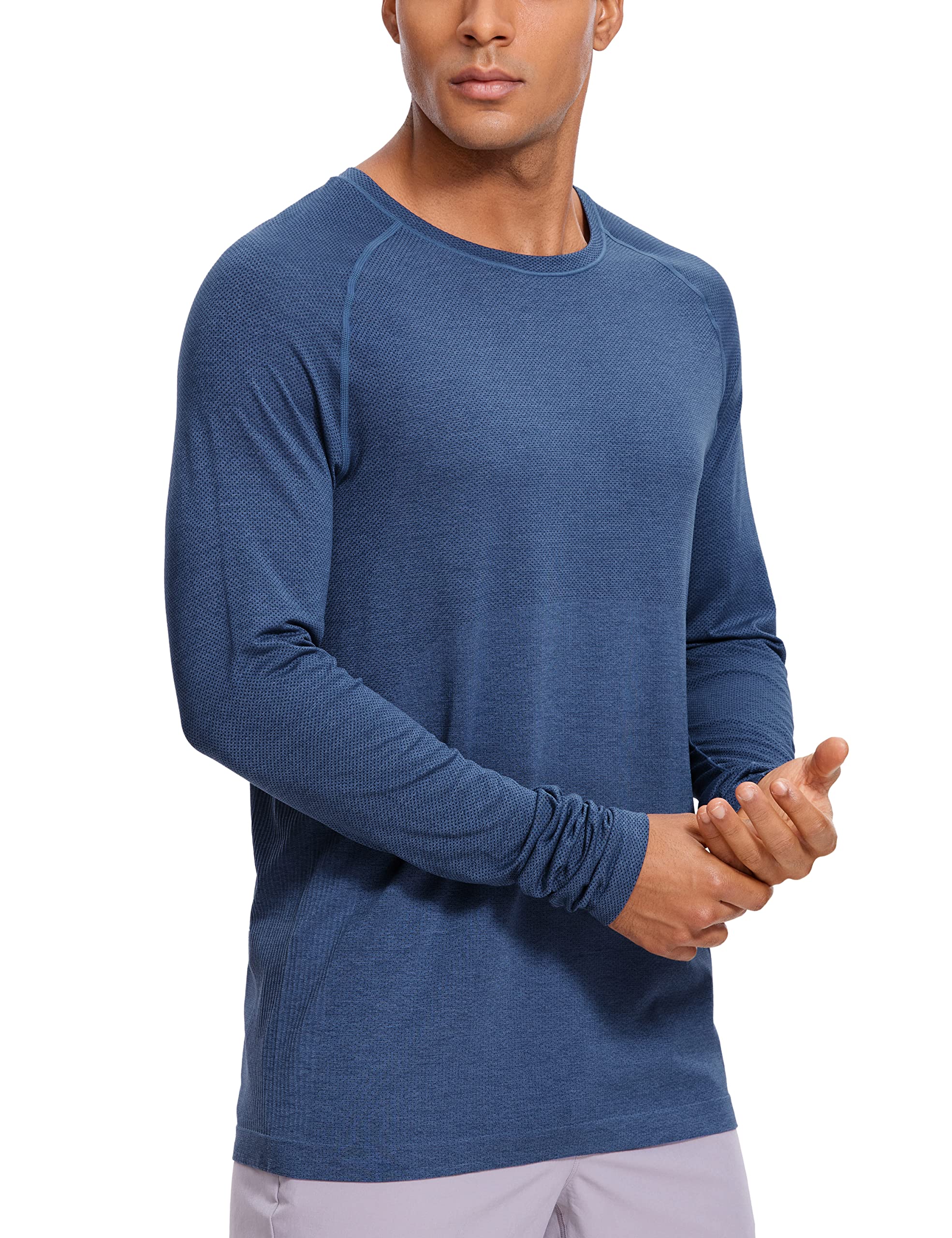 CRZ YOGA Mens Seamless Long Sleeve Tee Shirts Moisture Wicking Workout Athletic Running Shirts Breathable Gym Tops Tempest Blue Heather Large
