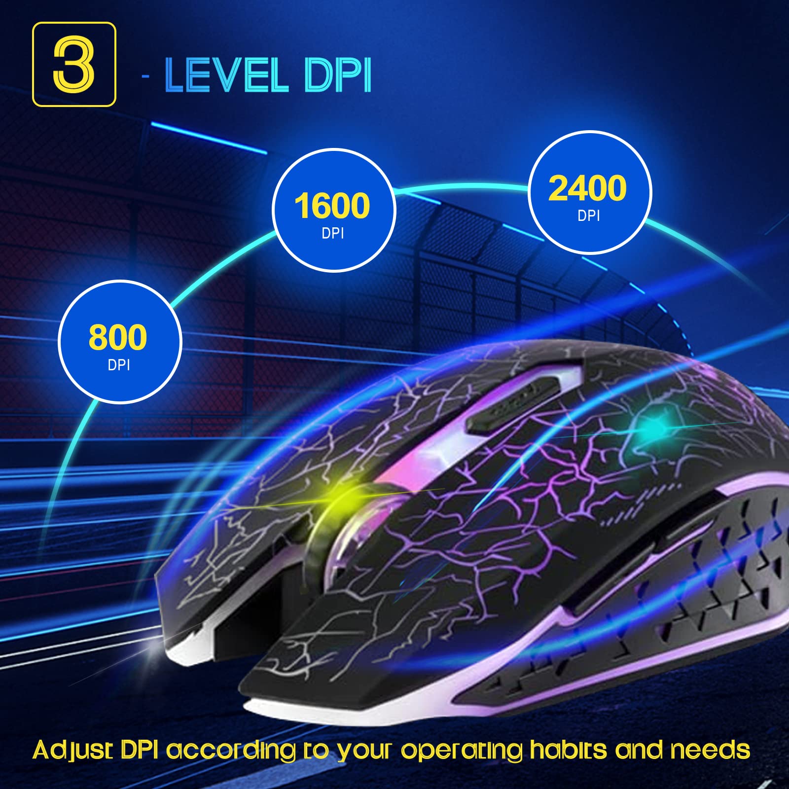 VEGCOO C10 Wireless Gaming Mouse Rechargeable Silent Optical Mice 7 Colors LED Lights, 7 Buttons 2400/1600/800DPI (Black)