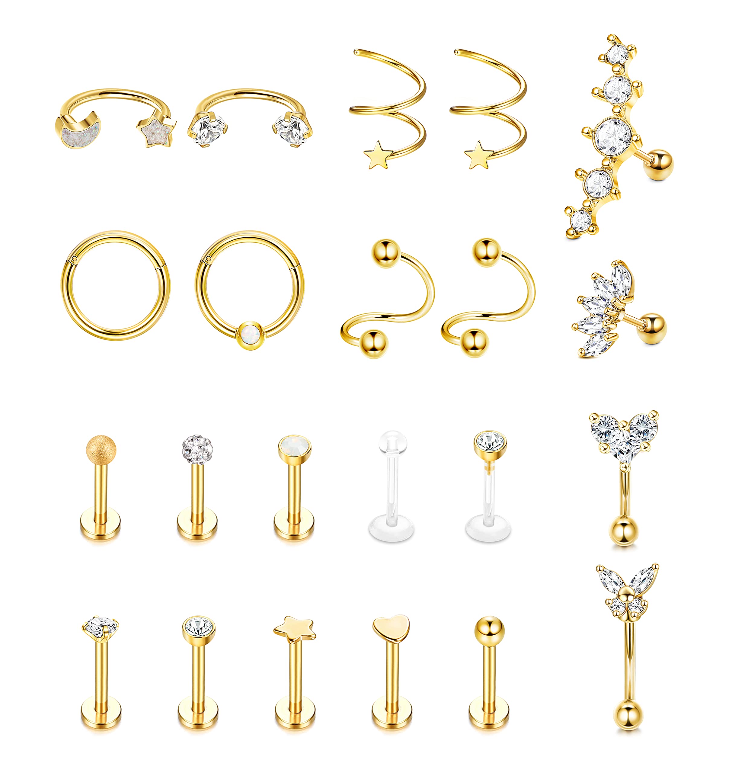Drperfect 16G Cartilage Earring Stud Hoop for Women Men Stainless Steel Forward Helix Piercing Jewelry Lip Ring Rook Daith Conch Tragus Earring Set