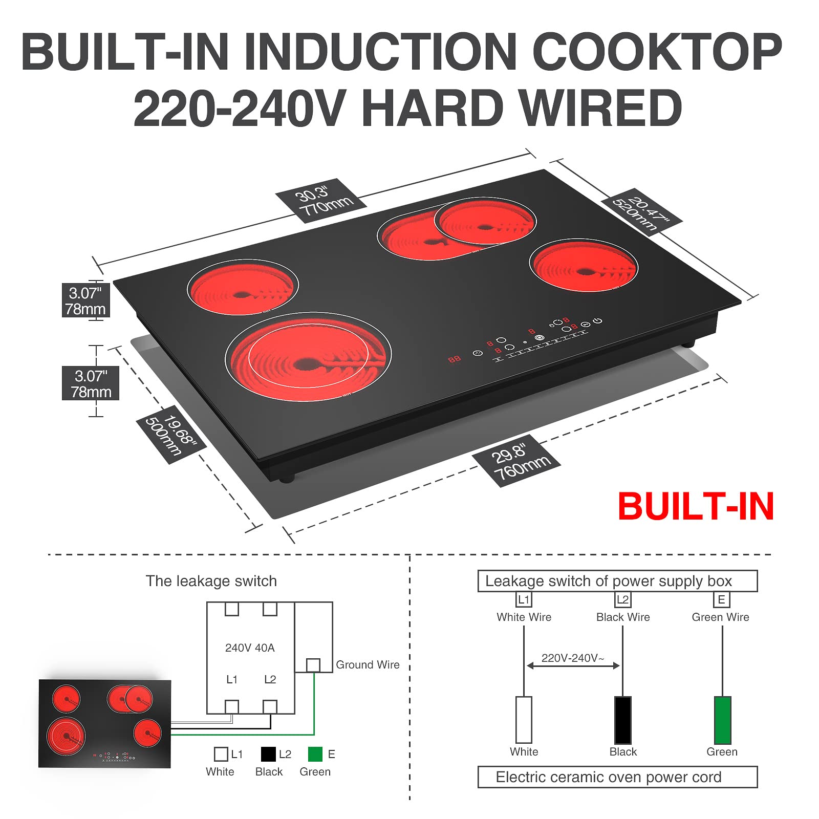 Electric Cooktop 30 Inch, Built-in Radiant Electric Stove 4 Burners, 6800W Ceramic Cooktop, 9 Heating Level Overheat Protection with Touch Screen, Timer & Safety Lock