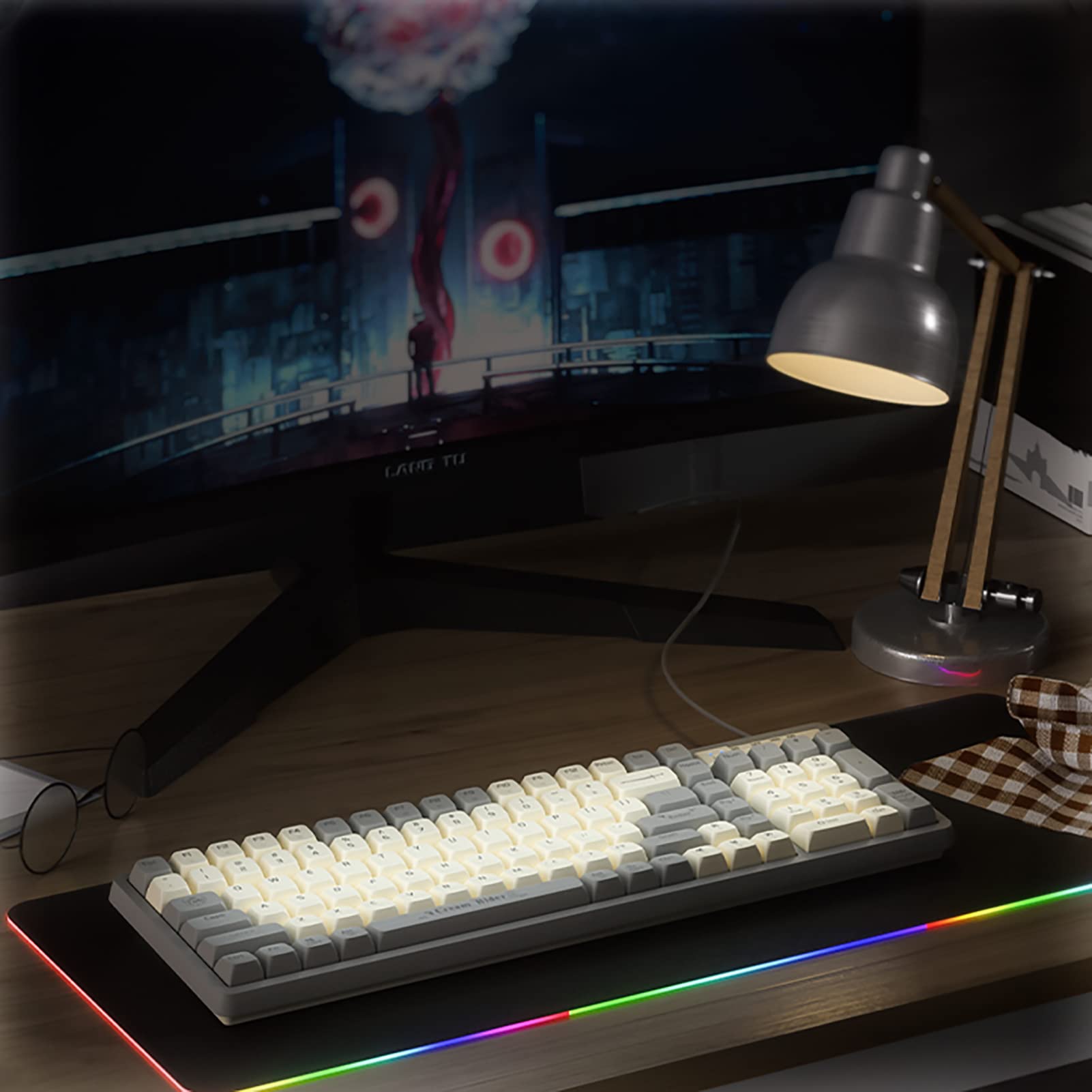 Lomiluskr GK102 Hot Swap Programmable Mechanical Wired Keyboard with Multicolor Backlit, 102 Anti-Ghosting Keys, 2 Colors Keycap, Detachable Cable (Gray&White, Red Switch)