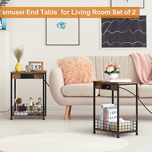 smusei Nightstand Set of 2 Bedroom Small End Table with Charging Station for Small Spaces 2 Tier Farmhouse Night Stands Bedside Tables with Storage Basket for Living Room
