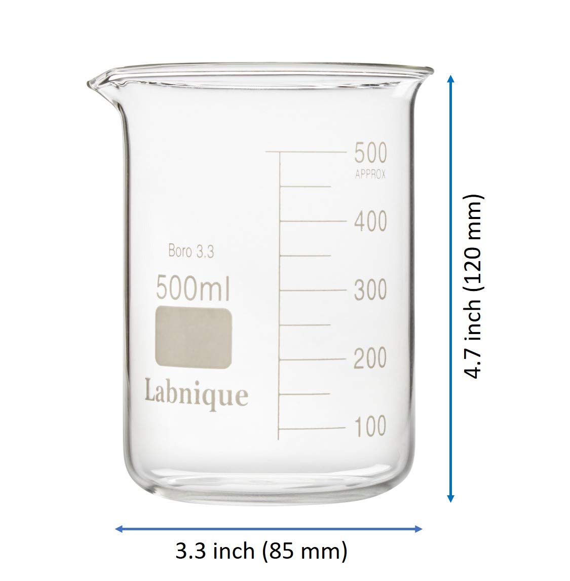 Labnique Borosilicate 3.3 Glass Griffin Beaker, Low Form with Printed Graduation, Double Boxed, 500ml (Pack of 8)