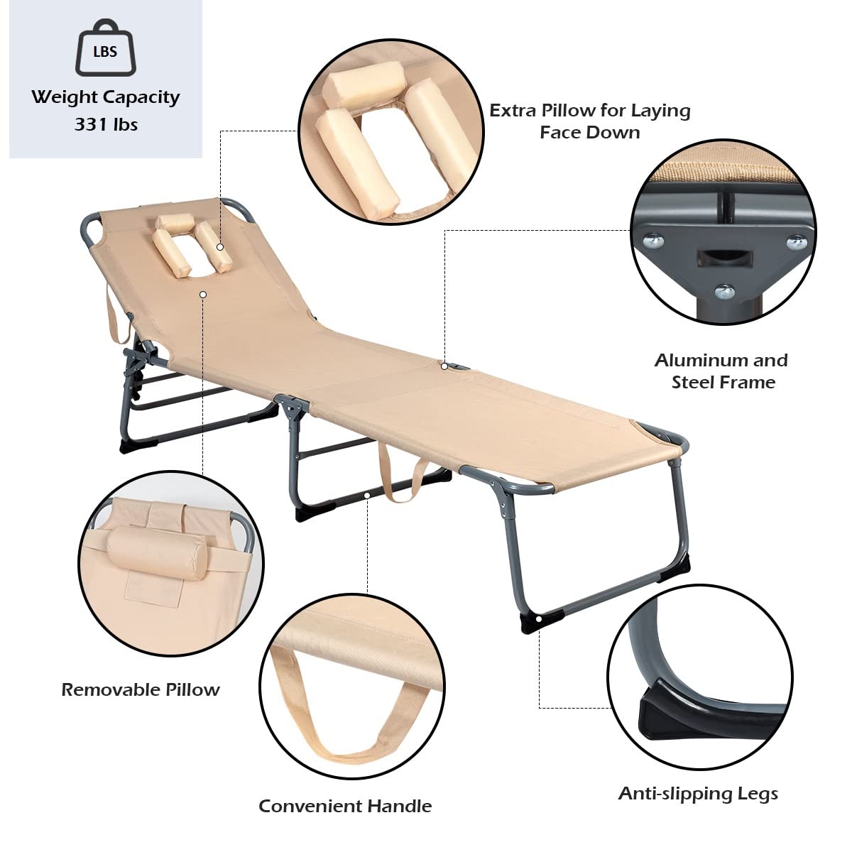 GYMAX Tanning Chair, Beach Lounge Chair with Face Hole, 5 Level Adjustable Backrest, Removable Pillow & Carry Handle, Adult Layout Sunbathing Chair for Outside Beach Poolside Lawn Patio (1, Sand)