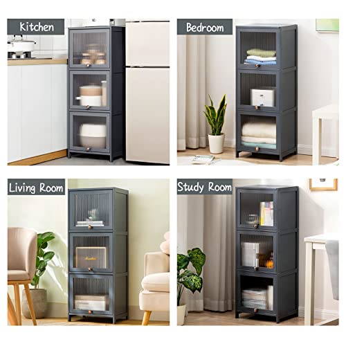 IOTXY Small Narrow Shelf Bookcase - 3-Tier Bamboo Corner Bookshelf with Moru Acrylic Doors, Freestanding Tall Skinny Storage Organizer Rack, for Living Room, Kitchen, Bedroom, Gray, 15.7" W