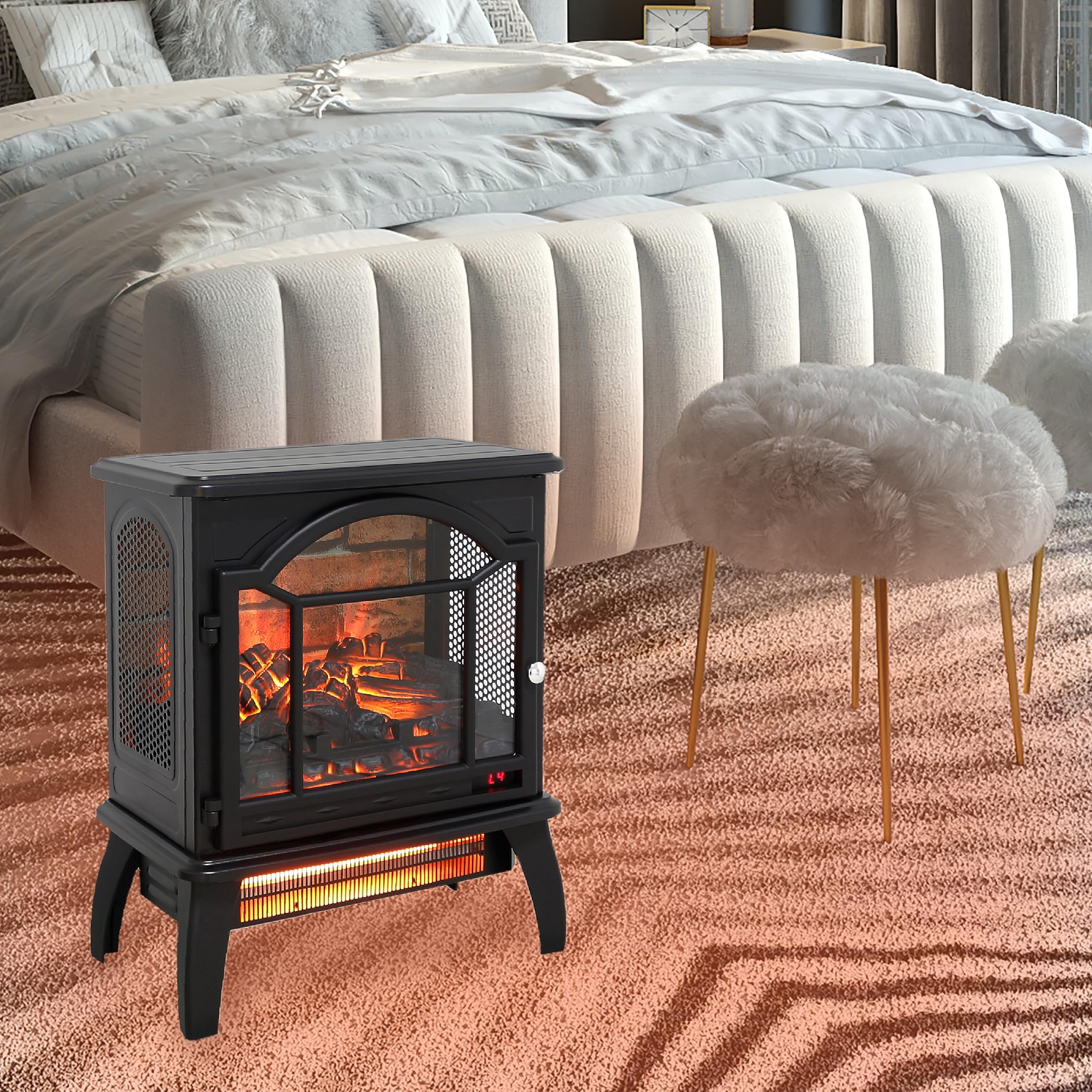 Electric Fireplace Infrared Heater with Remote Control 3D Electric Heater Fireplace 18" Electric Fireplace Stove Adjustable Brightness and Heating, 1500W Electric Fireplace Freestanding, Black