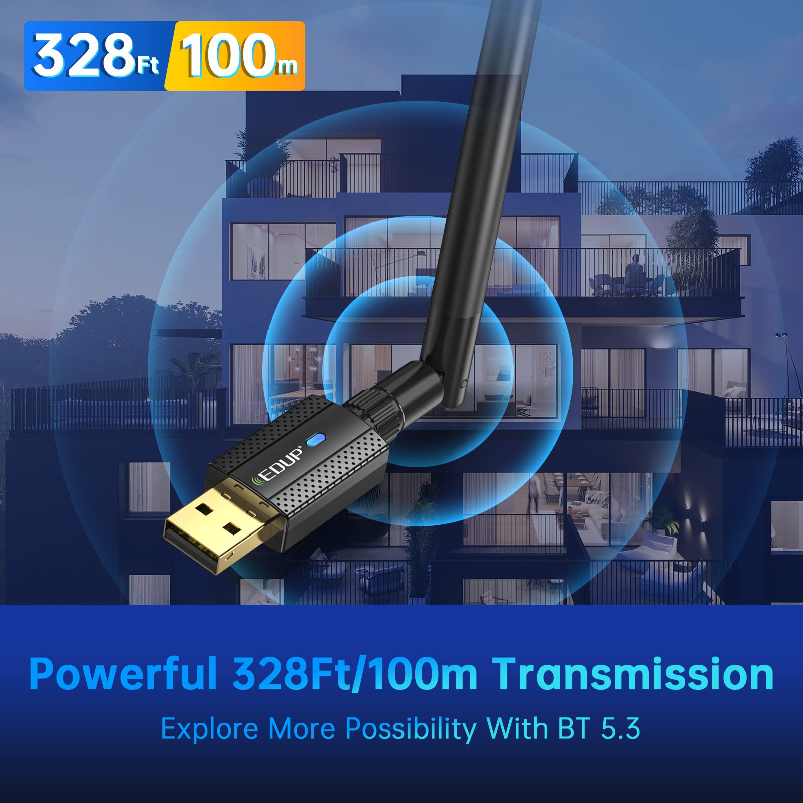 Long Range Bluetooth 5.3 Adapter for PC USB High Gain 5dBi 100m/492ft Antenna for Desktop Laptop Bluetooth Dongle for Mouse, Keyboard,Speakers,Supports Windows 11/10/8.1,Plug and Play