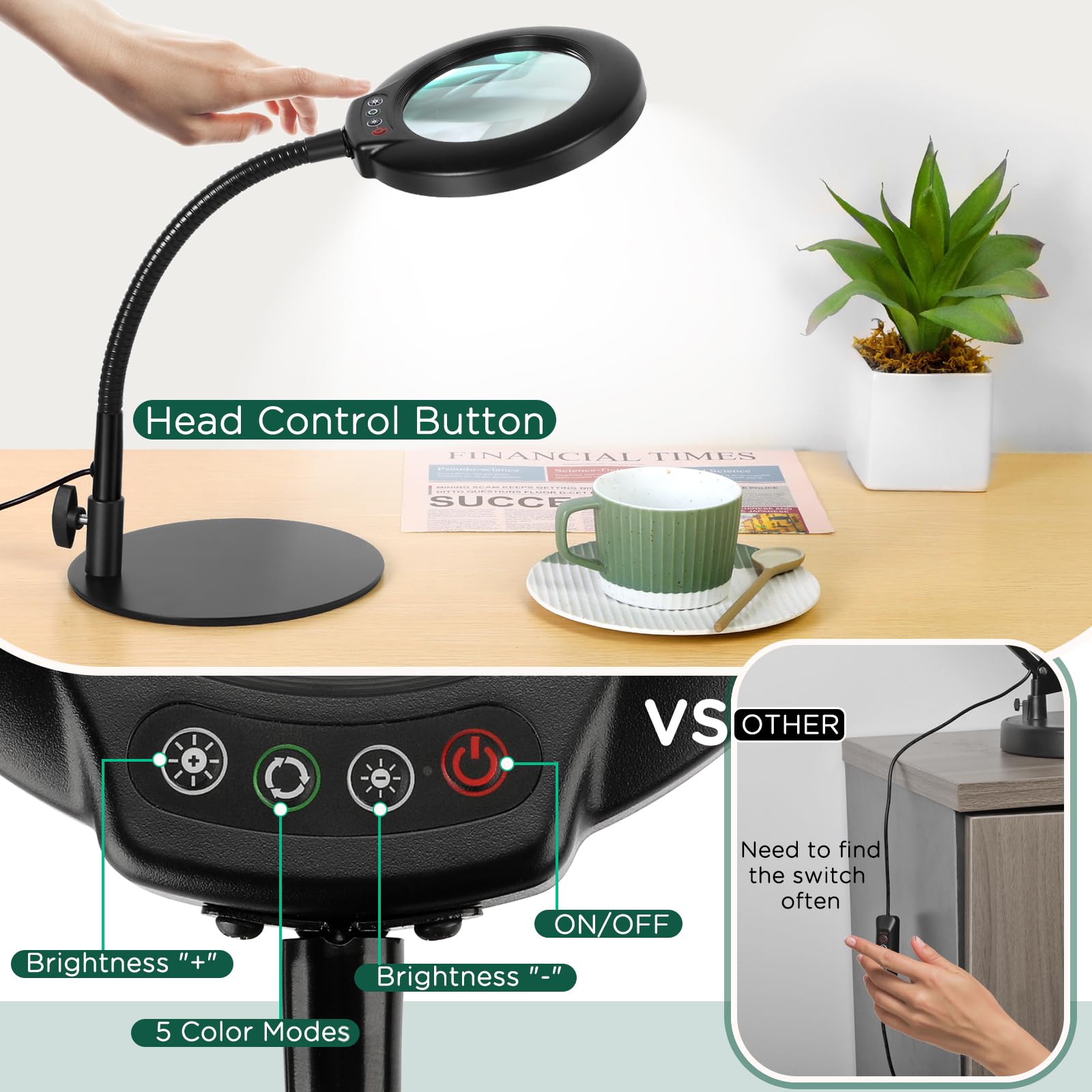 Drdefi 8X Magnifying Glass with Light and Stand, 5 Color Modes Stepless Dimmable Flexible Gooseneck Magnifying Desk Lamp, LED Lighted Magnifier Hands Free for Craft Reading Painting Close Work Hobby