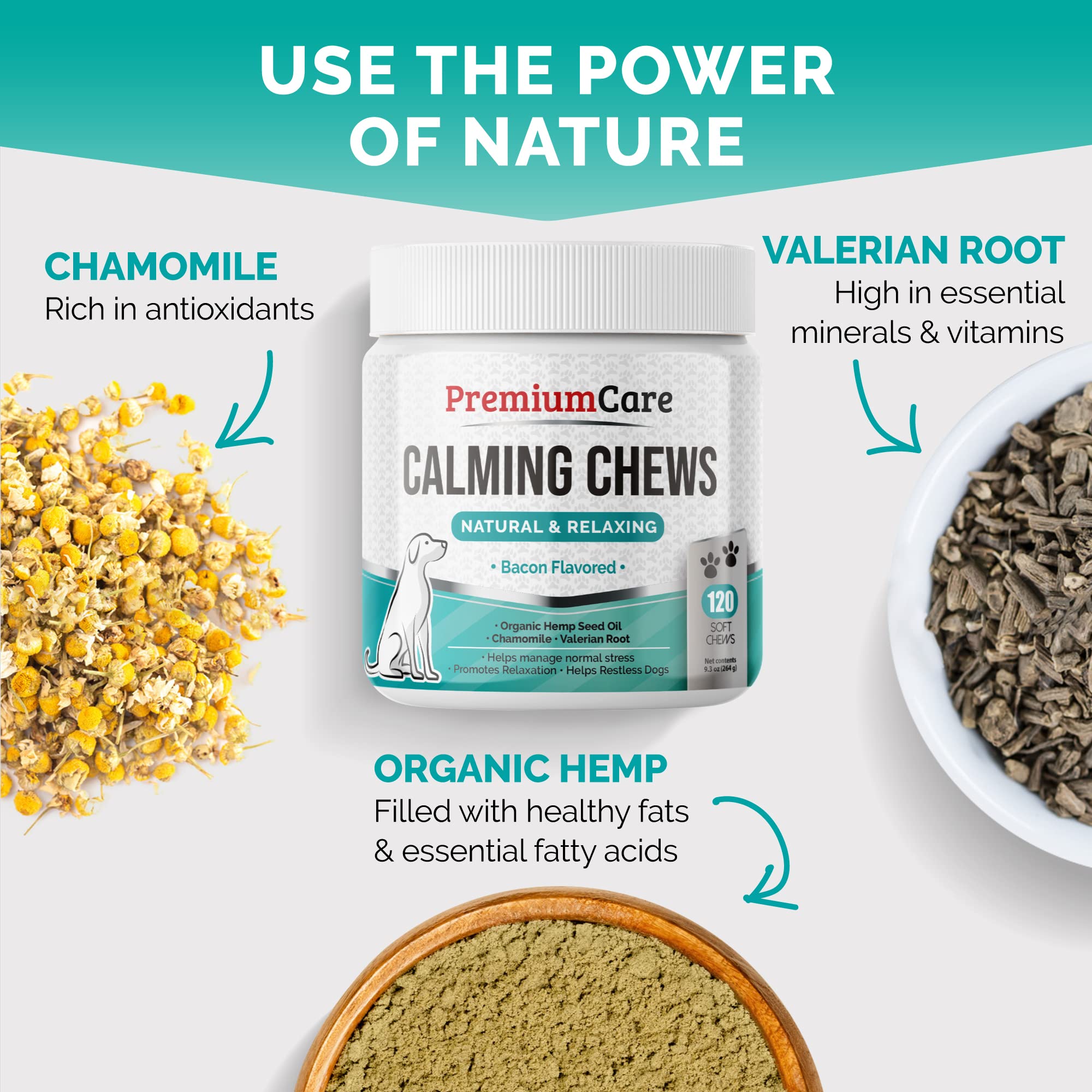 PREMIUM CARE Hemp Calming Chews for Dogs, Made in USA - Helps with Dog Anxiety, Separation, Barking, Stress Relief, Thunderstorms and More, 9.3 oz (264g), 120 Count