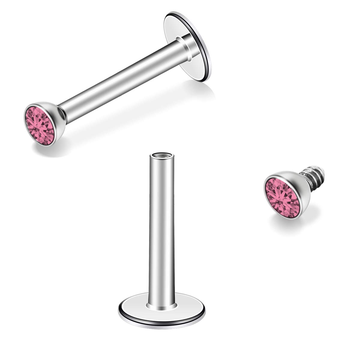 CrazyPiercing Lot of 8 Pairs Assorted Gems Labret Lip Bar Chin Lip Rings Piercing 1.2mm Surgical Steel 16 Guage