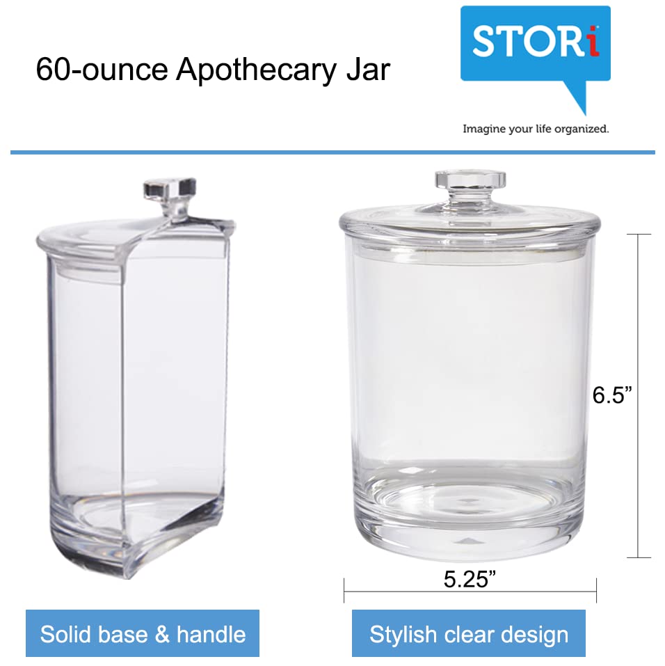 STORi Premium Quality Makeup and Cotton Ball Holders | 60-oz Clear Plastic Apothecary Jar with Lid | Perfect Storage Container to Organize Bathroom and Vanity