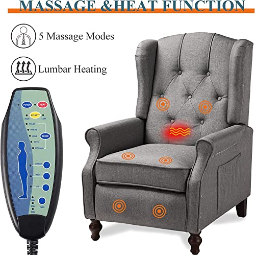 OQQOEE Wingback Recliner Chair with Massage & Heat Vibration, Fabric Push Back Accent Chairs Diamond Tufted Reclining Armchair for Living Room, Bedroom (Fabric, Light Grey)