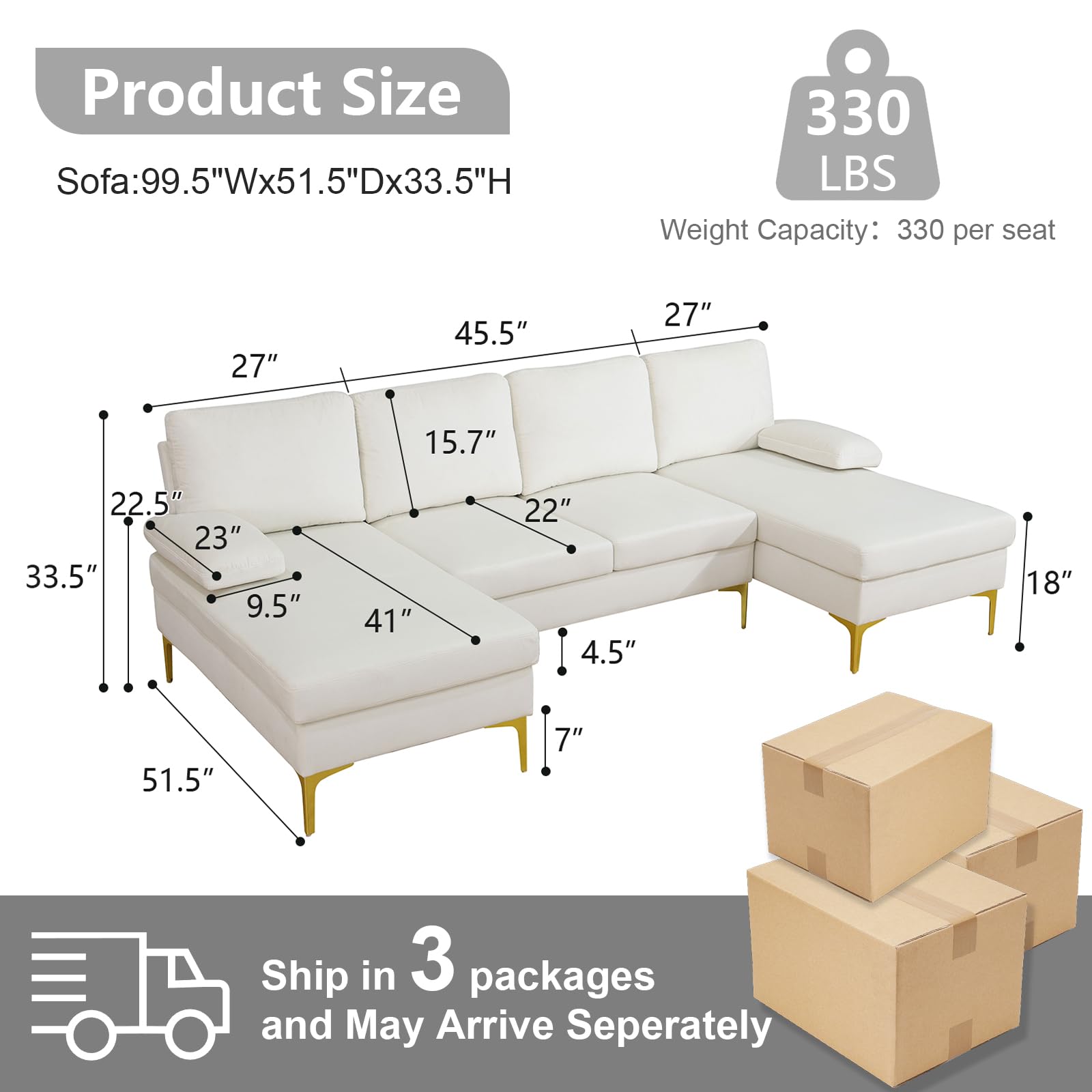 HZANHY Convertible Sectional Sofa Couch, 4 Seat Sofa Set for Living Room U-Shaped Modern Fabric Modular Sofa Sleeper with Double Chaise, Short Plush Fabric Sofa Couch (White)