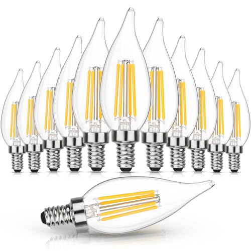MAXvolador Dimmable E12 Candelabra LED Bulb 40 Watt Equivalent, Soft Warm White 2700K, Chandelier Light Bulb, 4W 450LM Flame Tip LED Filament Candle Base Bulbs, 12-Pack