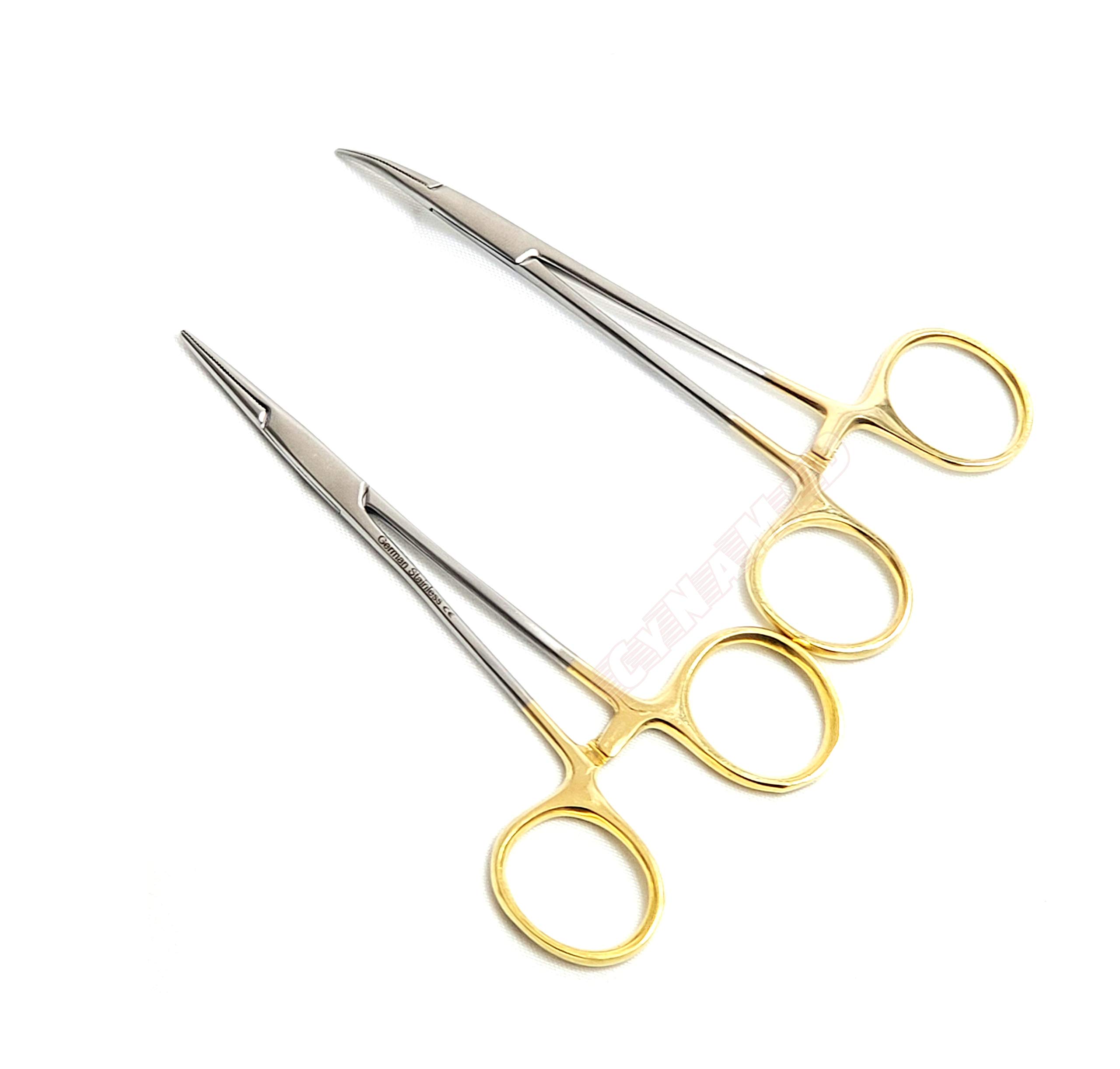Premium German Stainless- Set of 2 PCS Gold Handle Mosquito Locking HEMOSTAT Forceps Straight + Curved 5"-Cynamed