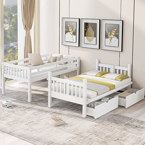 Twin Over Full Futon Bunk Beds with Stairs and Storage Drawers Convertible Wood Bunk Bed Frame Couch and Bed for Kids Boys Girl Adults Teens Dorm, White