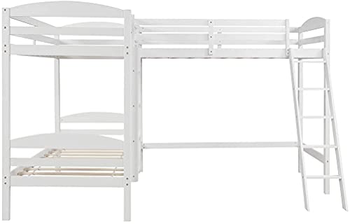 STP-Y Twin Over Twin Bunk Bed with 2 Ladders, Twin L-Shaped Bunk Bed and Loft Bed with Full-Length Guardrail, 3 Solid Wooded Bed Frames for Kids (White)