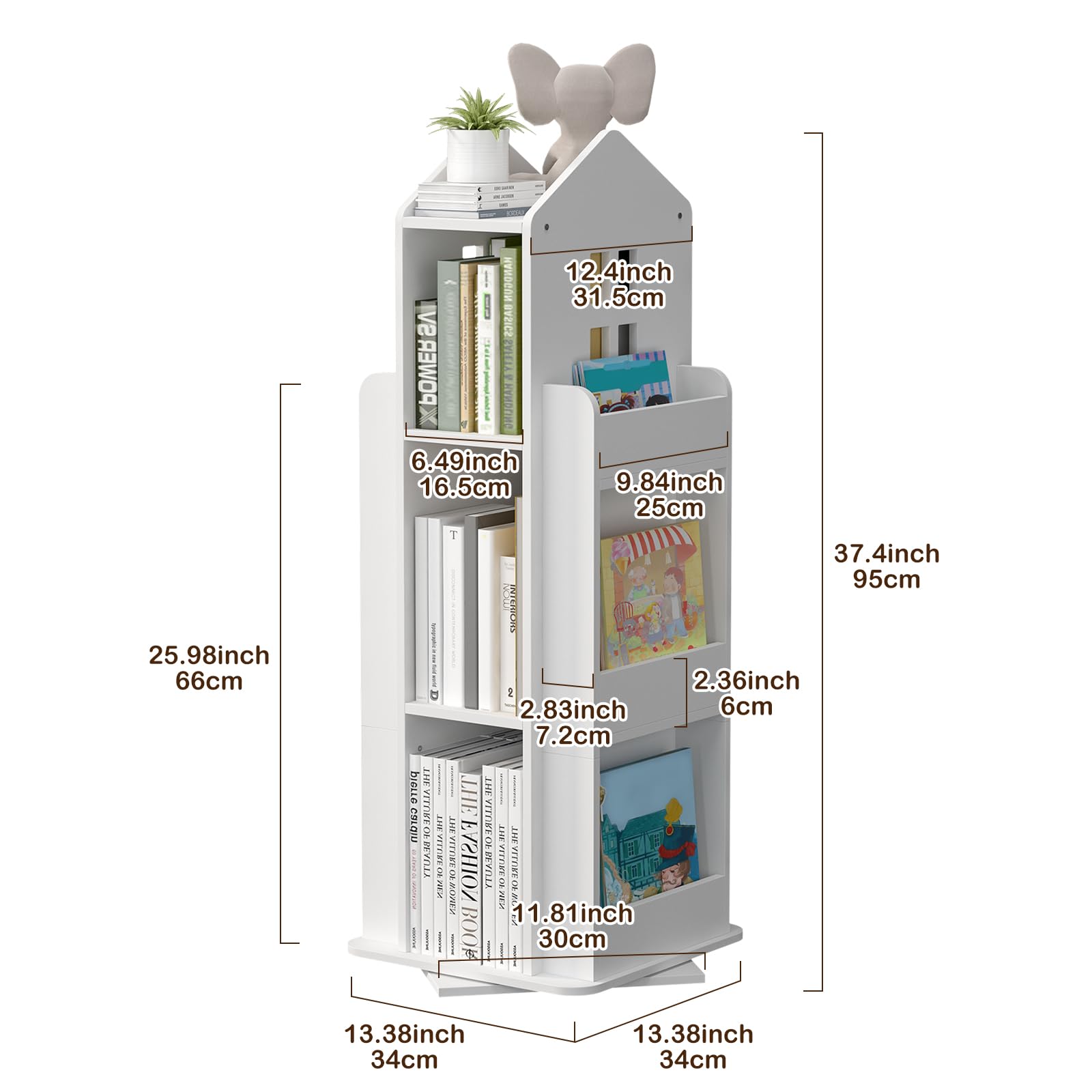 Nisorpa Rotating Bookshelf 360° Display Floor Standing Bookcase Freestanding Storage Organizer Holder Book Rack for Kids Multi-Functional Bookshelf Organizer 37.4'' x 13.38'' x 13.38''