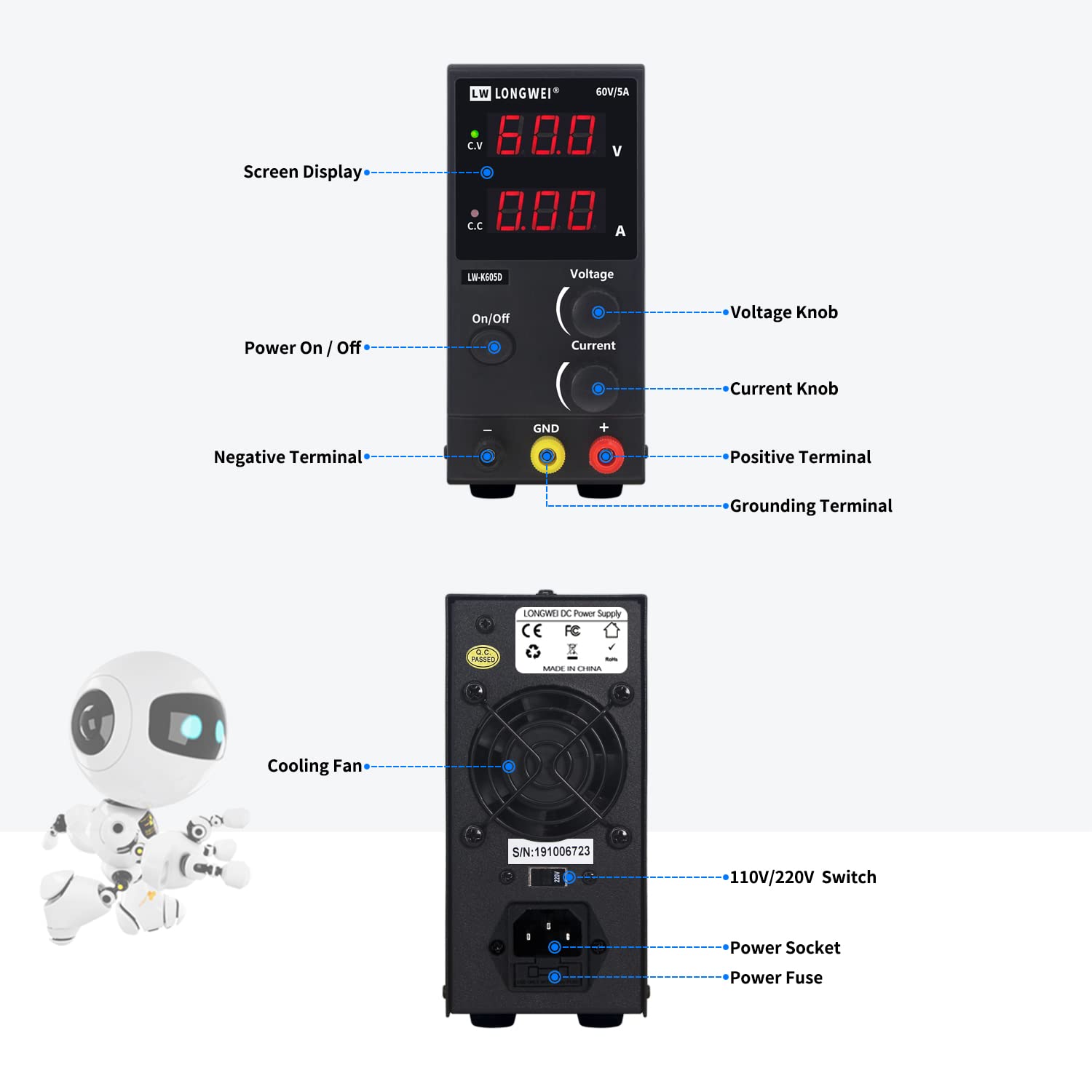 DC Power Supply Variable 60V 5A,Adjustable Regulated Switching Power Supply Digital with Alligator Leads US Power Cord for Repair