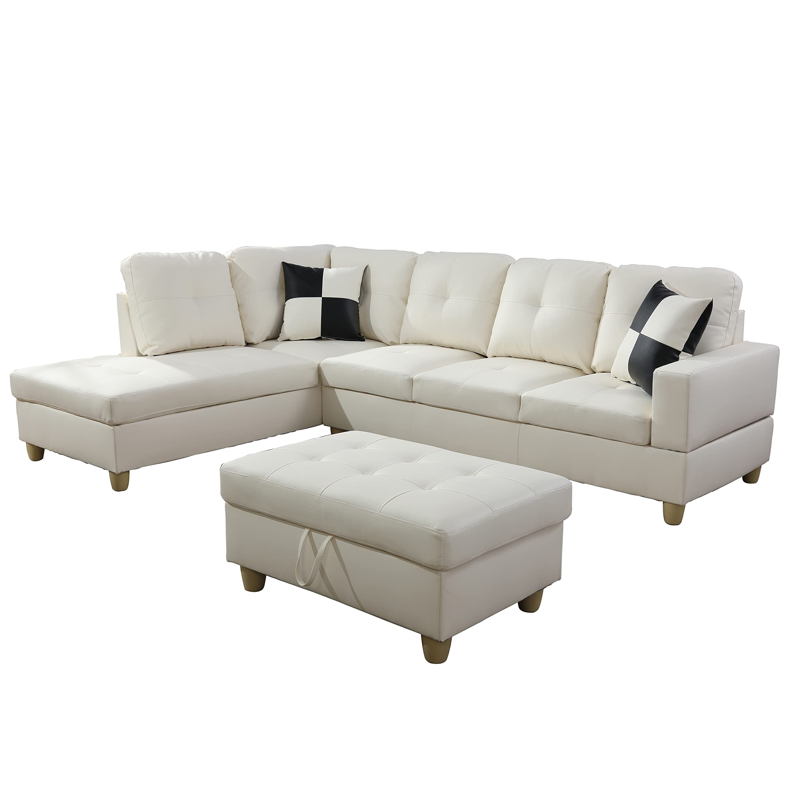MODCART 103.5" L Shape Sectional Sofa with Right Chaise, Storage Ottoman, Faux Leather Living Room Couch Set w/Button Tufted Backrest, Modern 3-Piece Furniture for Home Office