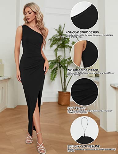 Sarin Mathews Womens One Shoulder Long Formal Dress Sexy Summer Sleeveless Bodycon Ruched Wrap Split Cocktail Dresses Black L