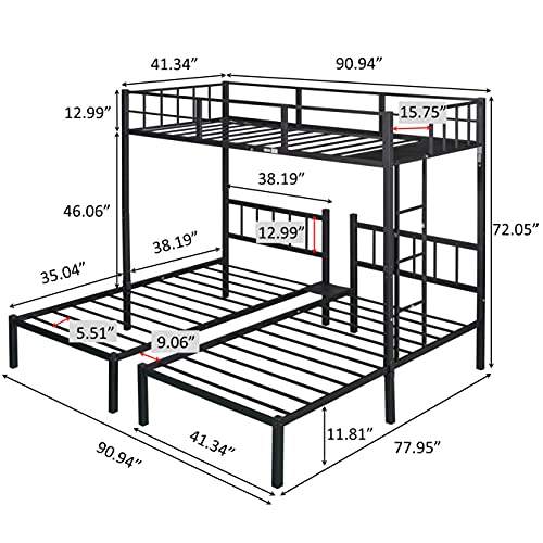 Twin Over Twin & Twin Bunk Bed, Metal Triple Bunk Bed Frame with Guardrails for Kids, Teens, Adults Space Saving, Can Be Divided Into 3 Separate Bed (Black-Metal-1)