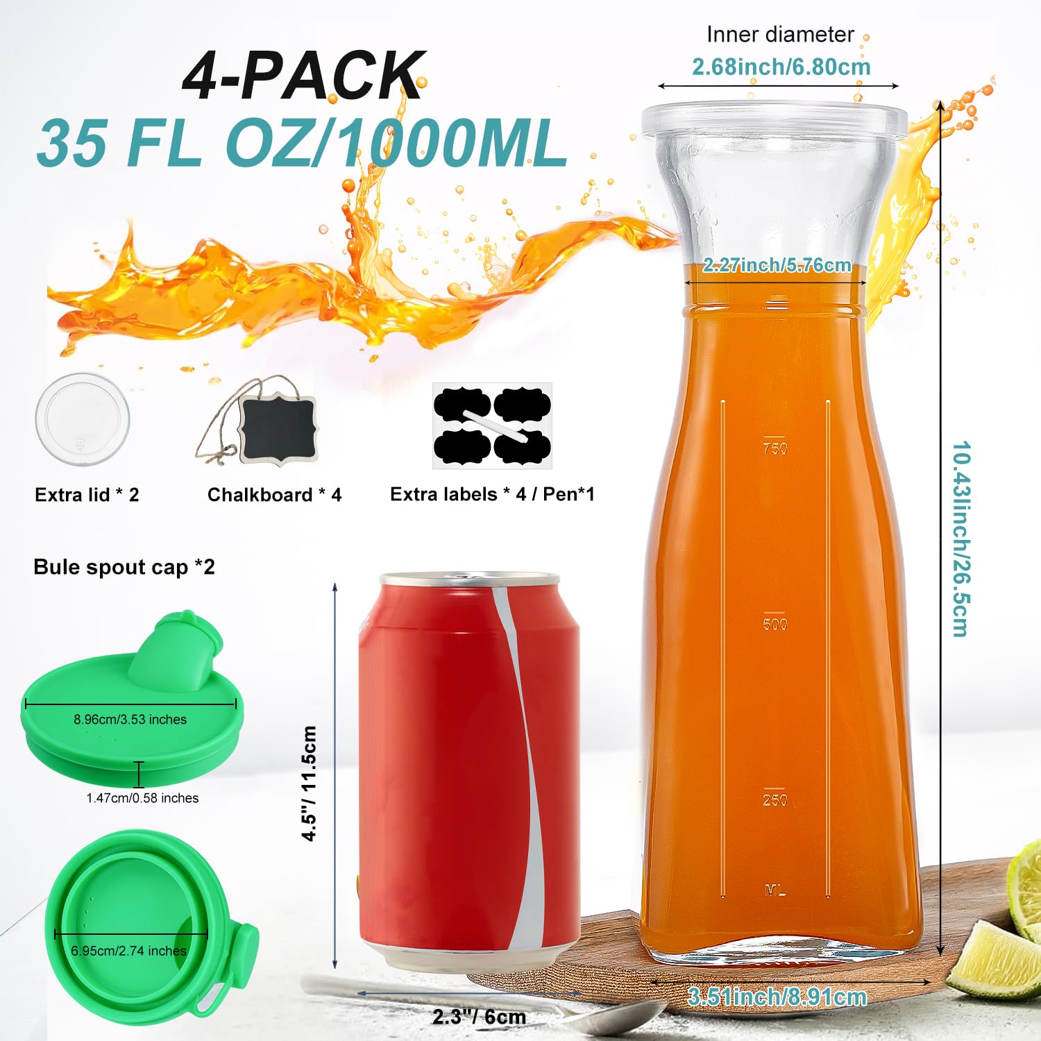 Ritayedet Glass Carafe, 1 Liter Carafe for Mimosa Bar, 4 Pcs, Square Carafe Pitcher with Lid, Drink Dispenser for Parties, Cold Water, Milk, Juice Container, Tea, Wine, Cocktails (6 Lids & 2 Spouts)