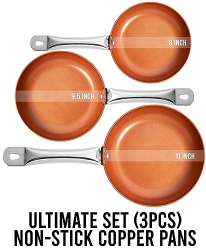 Razab Copper Frying Pan Set with Lids, 8", 9.5" & 11" Frying Pan Set, Nonstick Frying Pan Set, Copper Pans with Lid, Nonstick Skillets w/Lids 8", 9.5" & 11" Copper Pan Set